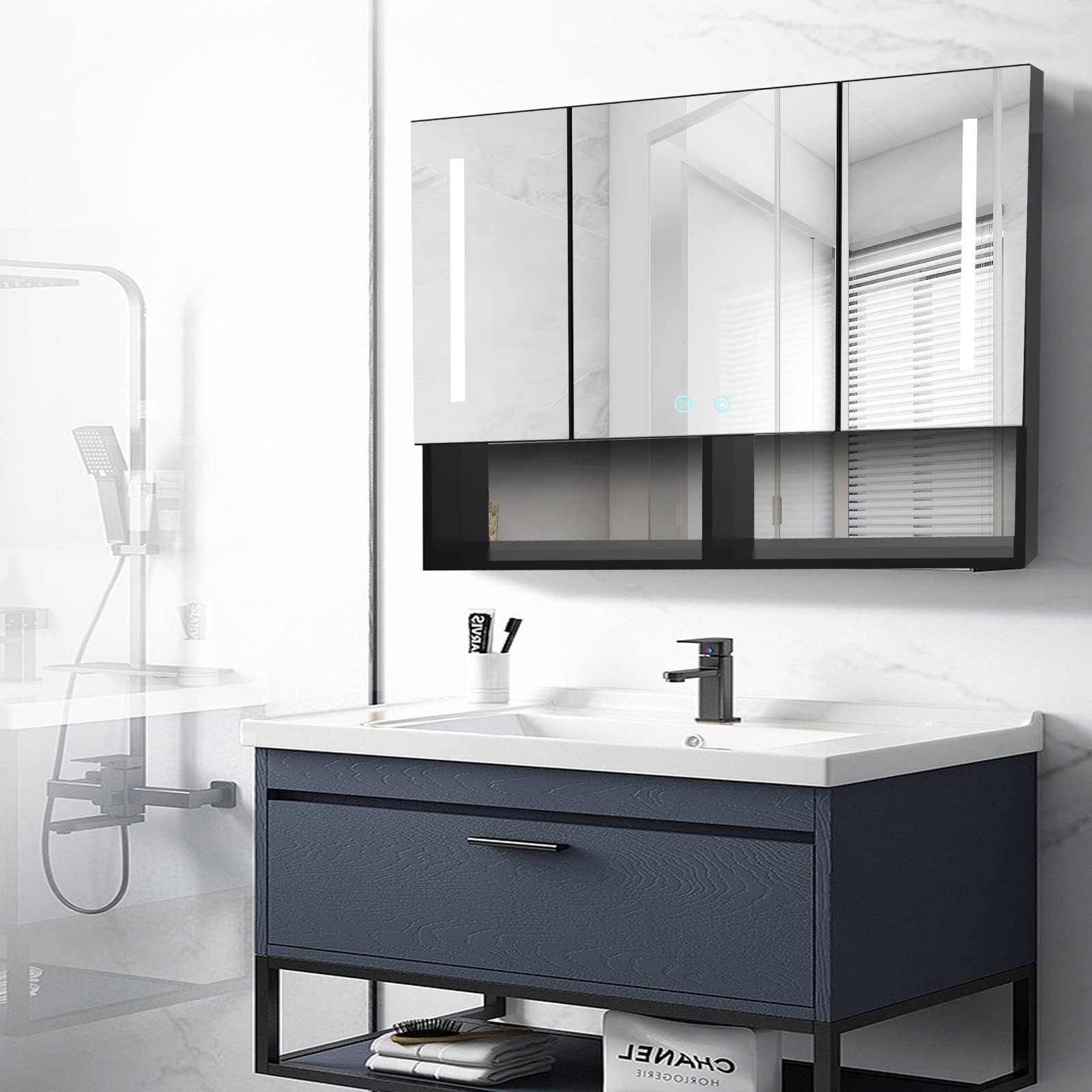 Seenvlog Medicine Cabinet with Lights,LED Medicine Cabinet for Bathroom with Defogger,Dimmer,3 Doors,35"* 27"*5",Lighted Medicine Cabinet,Surface Mount