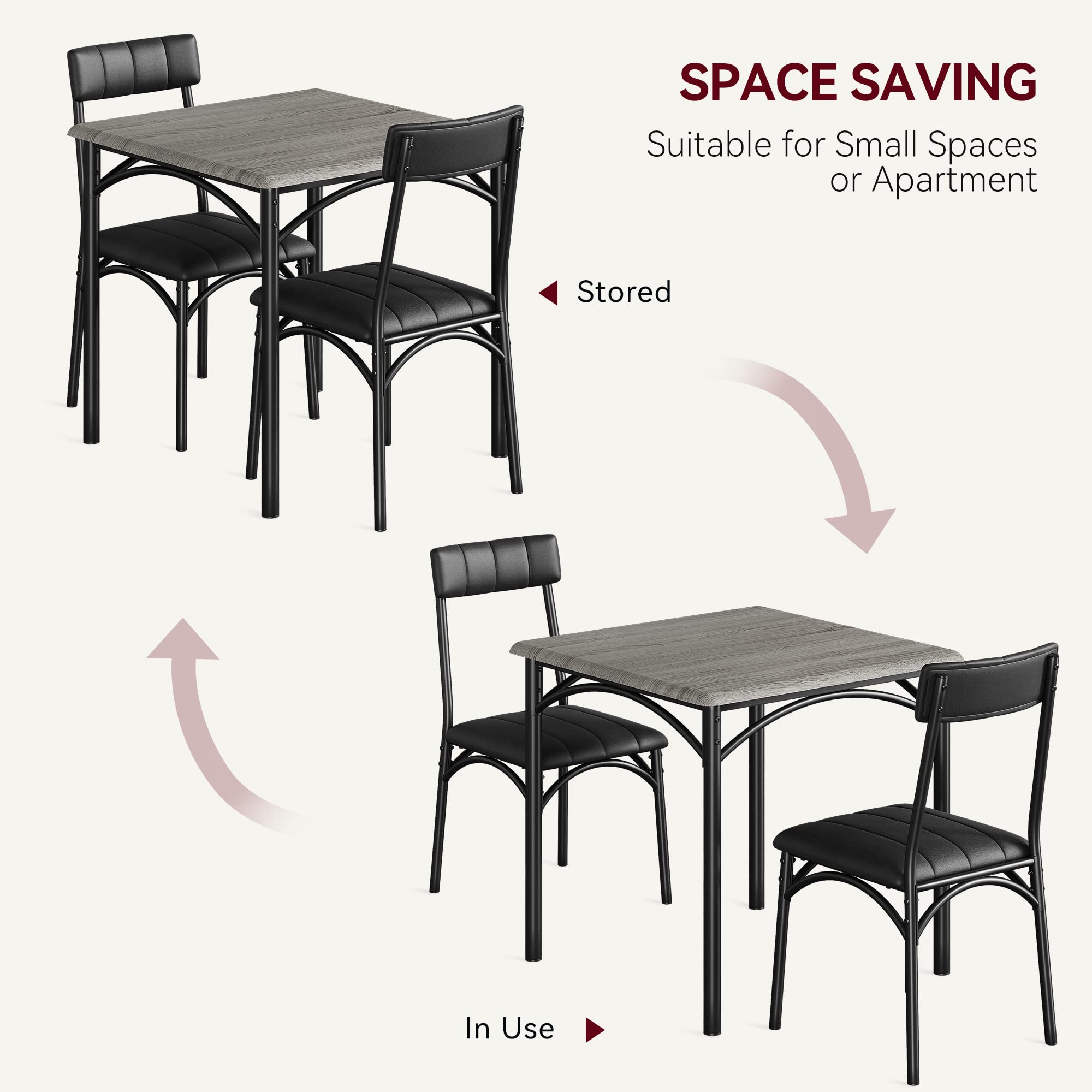Fancihabor Dining Table Set for 2, Kitchen Table and Chairs, Square Dining Room Table Set with 2 Upholstered Chairs, 3 Piece Kitchen Table Set for Small Space, Apartment, Retro Gray