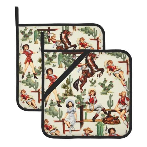 HHYII Western Girl Riding Horse Cactus Vintage Pot Holders for Kitchen,Heat Resistant Pot Holders Sets Oven Hot Pads Terry Cloth Pot Holders for Cooking Baking 2Pcs, Multicolor, One Size
