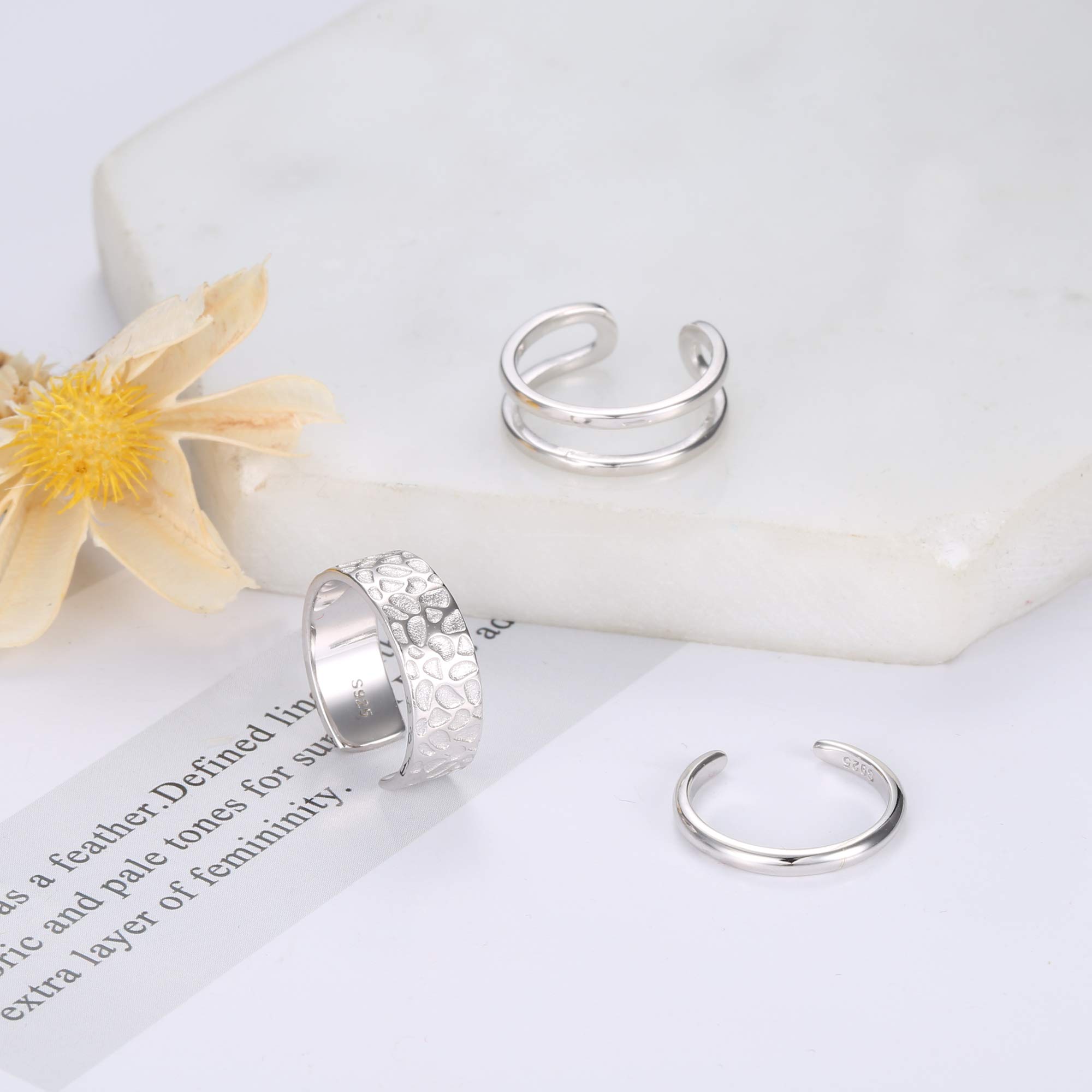 FUNRUN JEWELRY 3 PCS Sterling Silver Toe Rings for Women Minimalistic Open Adjustable Rings Foot Jewelry Set(Silver)