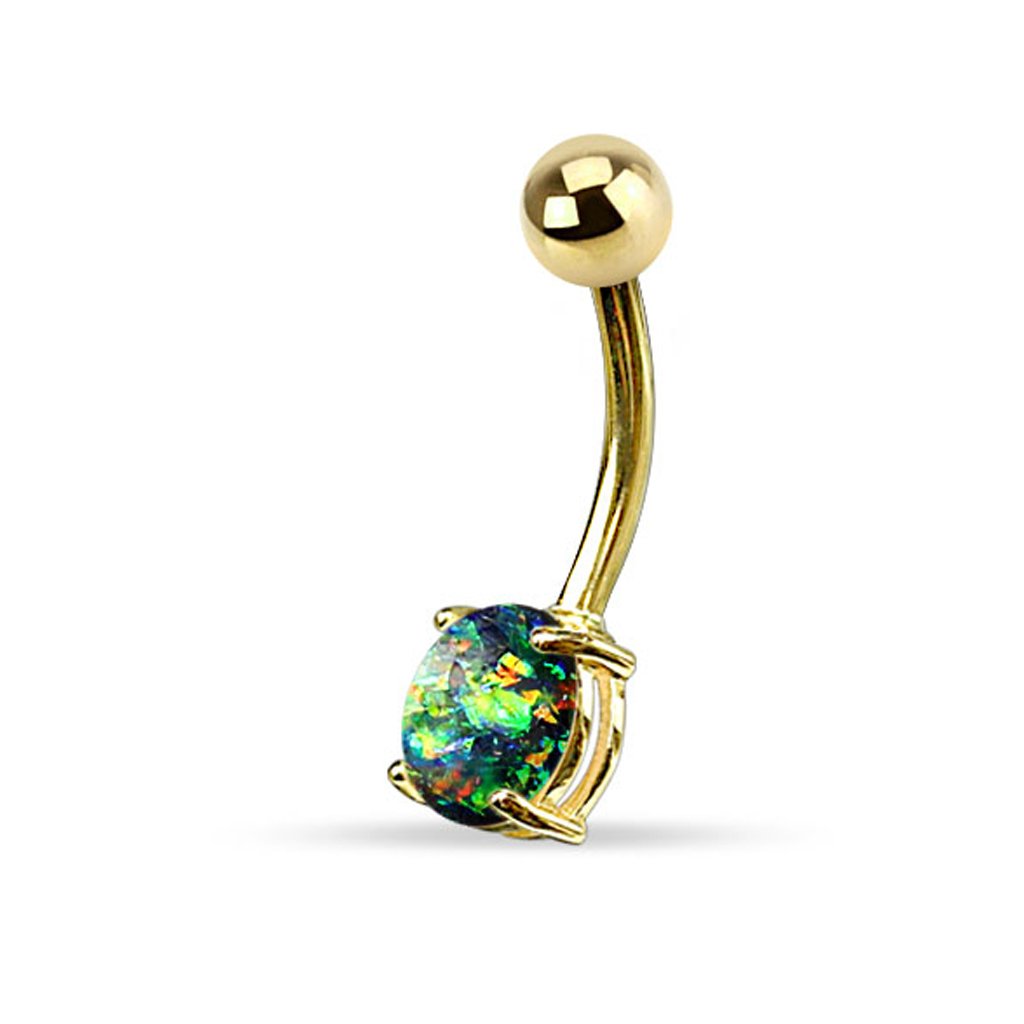 FIFTH CUE 14G Opal Glitter Prong Set Gold IP Over 316L Surgical Steel Belly Button Ring (synthetic opal) - Dark Green