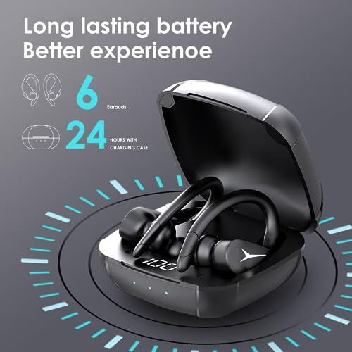 USBERG Bluetooth Headphones for Sports with Mic, IPX5 Waterproof Wireless Earbuds with Charging Box,Digital Display, 40Hrs Playtime Workout Headset with Hooks.