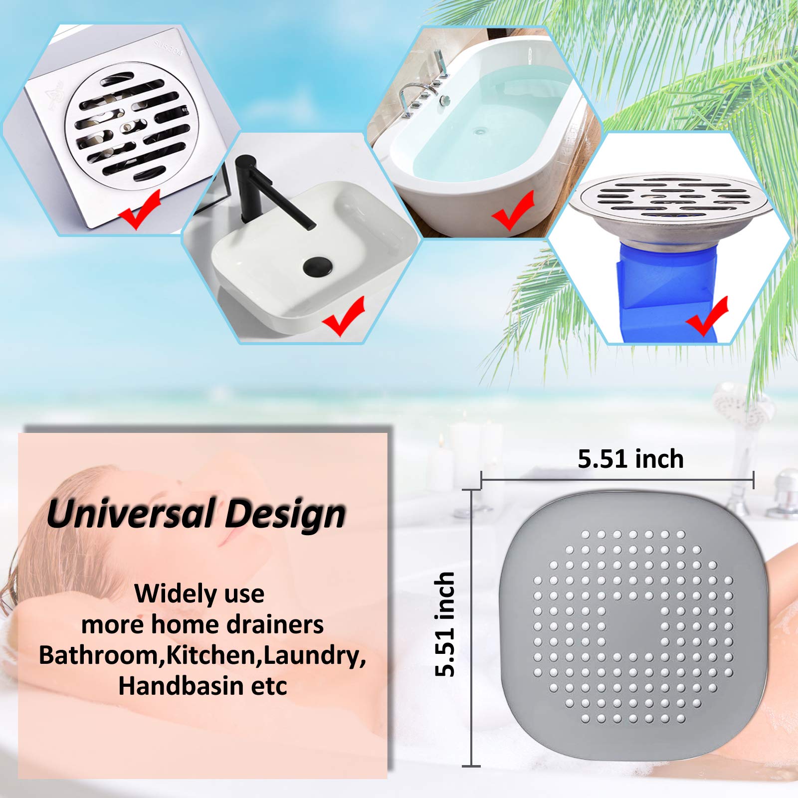 Hair Catcher,Square Drain Cover for Shower Silicone Hair Stopper with Suction Cup,Easy to Install Suit for Bathroom,Bathtub,Kitchen 2 PackGrey