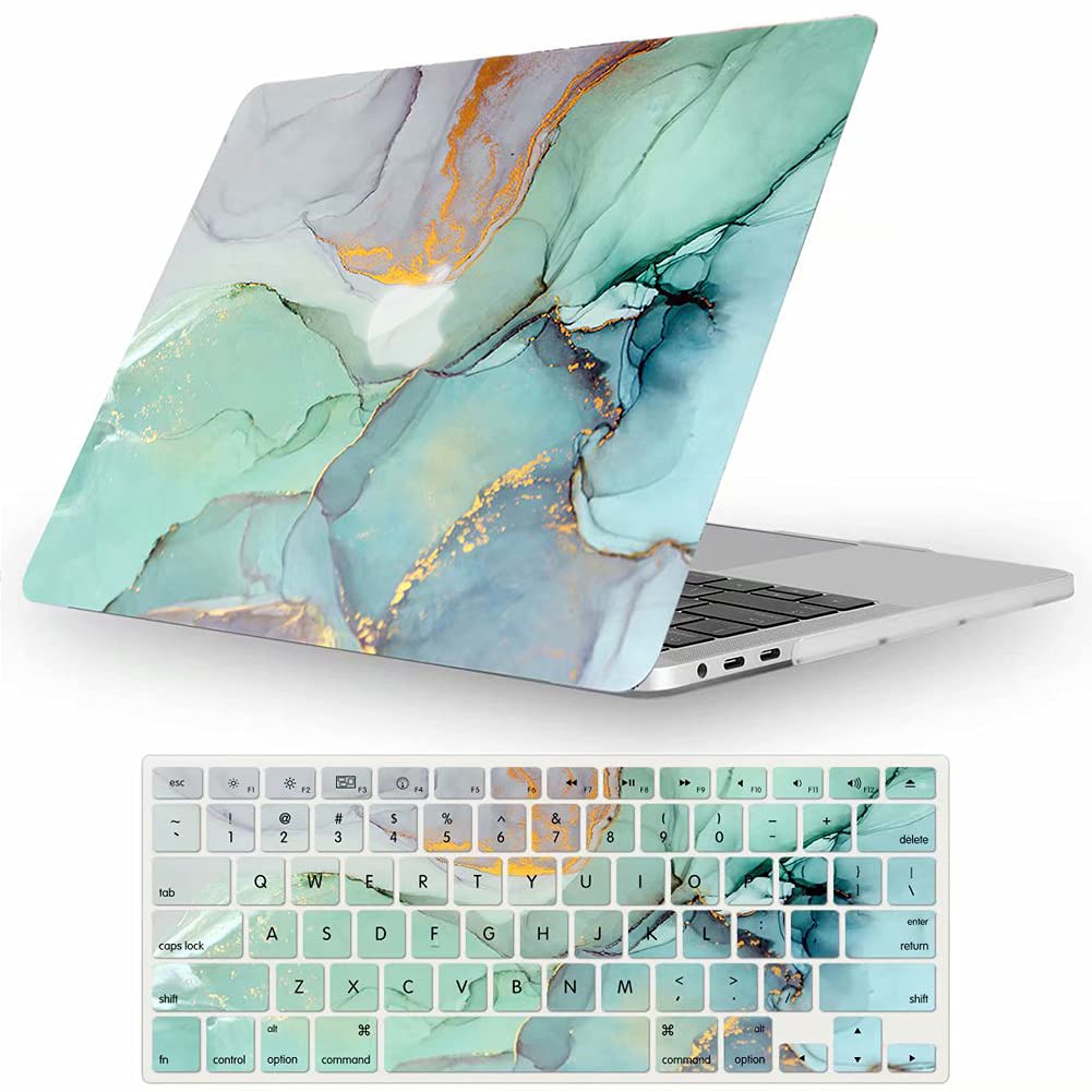 Fancity Compatible with MacBook Air 13 inch Case 2020 2021 M1 A2337 A2179 A1932, Rubberized Hard Shell Protective Case & Keyboard Cover for Mac Air 13 with Touch ID (2018-2021), Green Marble