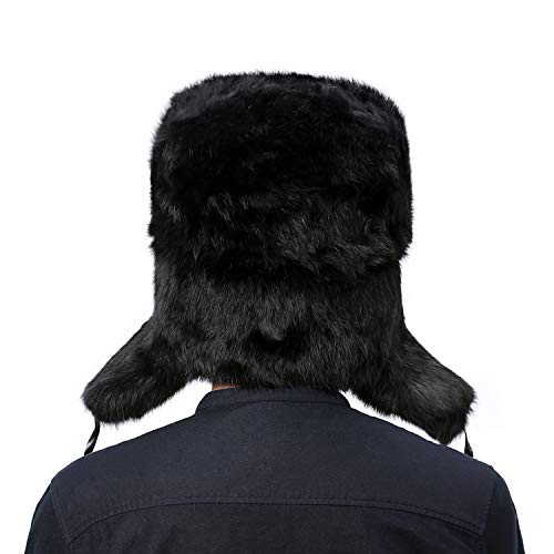 Fur Trapper Hat Winter Ushanka Russian Hat Men Fur Hats with 100% Rabbit Fur Aviator Hat with Earflaps Windproof（XL,Black）