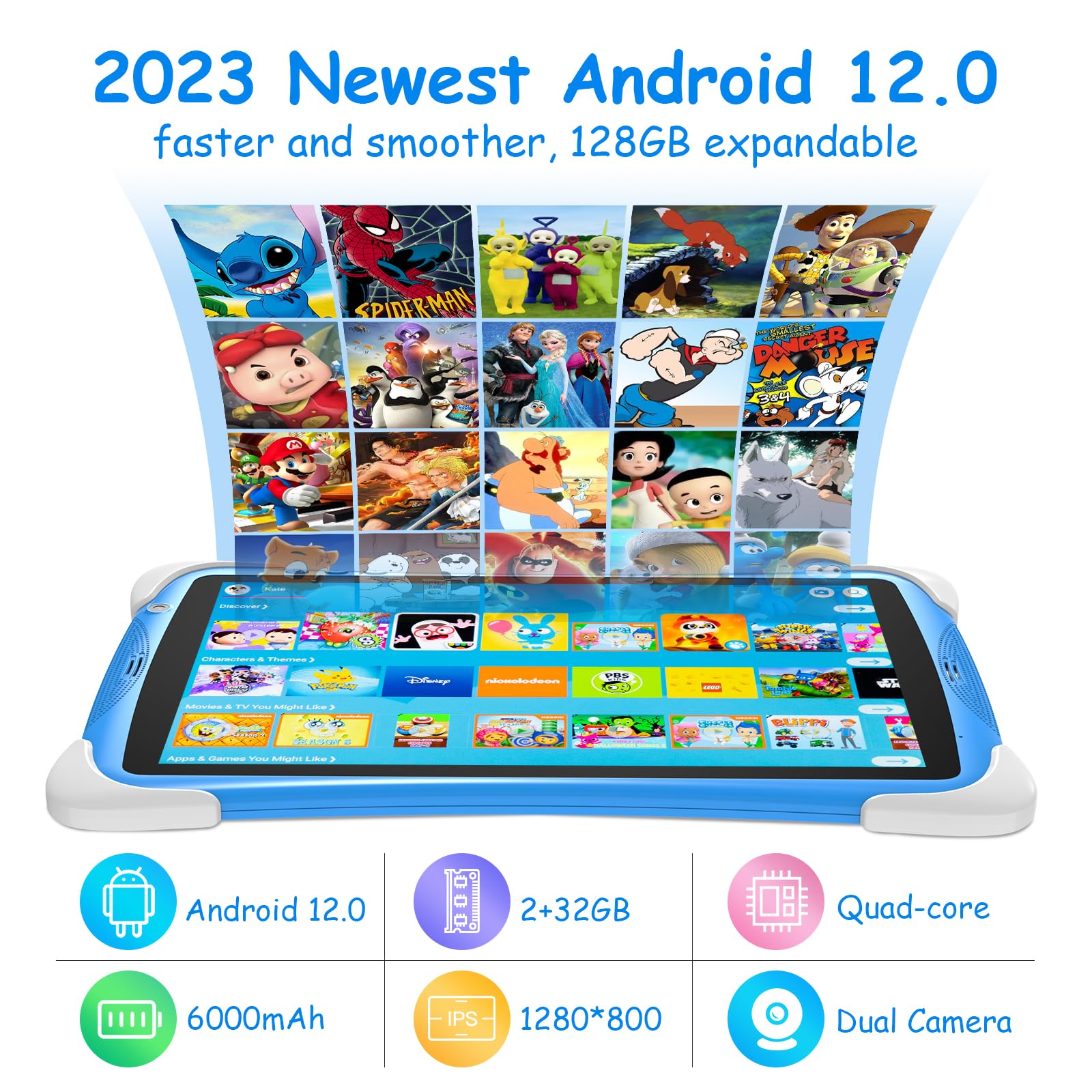 Kids Tablet, 10 Inch Tablet for Kids, Android 12, 2+32GB(SD to 128GB), 1280x800 IPS HD Display, Parental Controls, Kid Contents Educational Tablet, Dual Camera, Shockproof Case with Stand, Blue