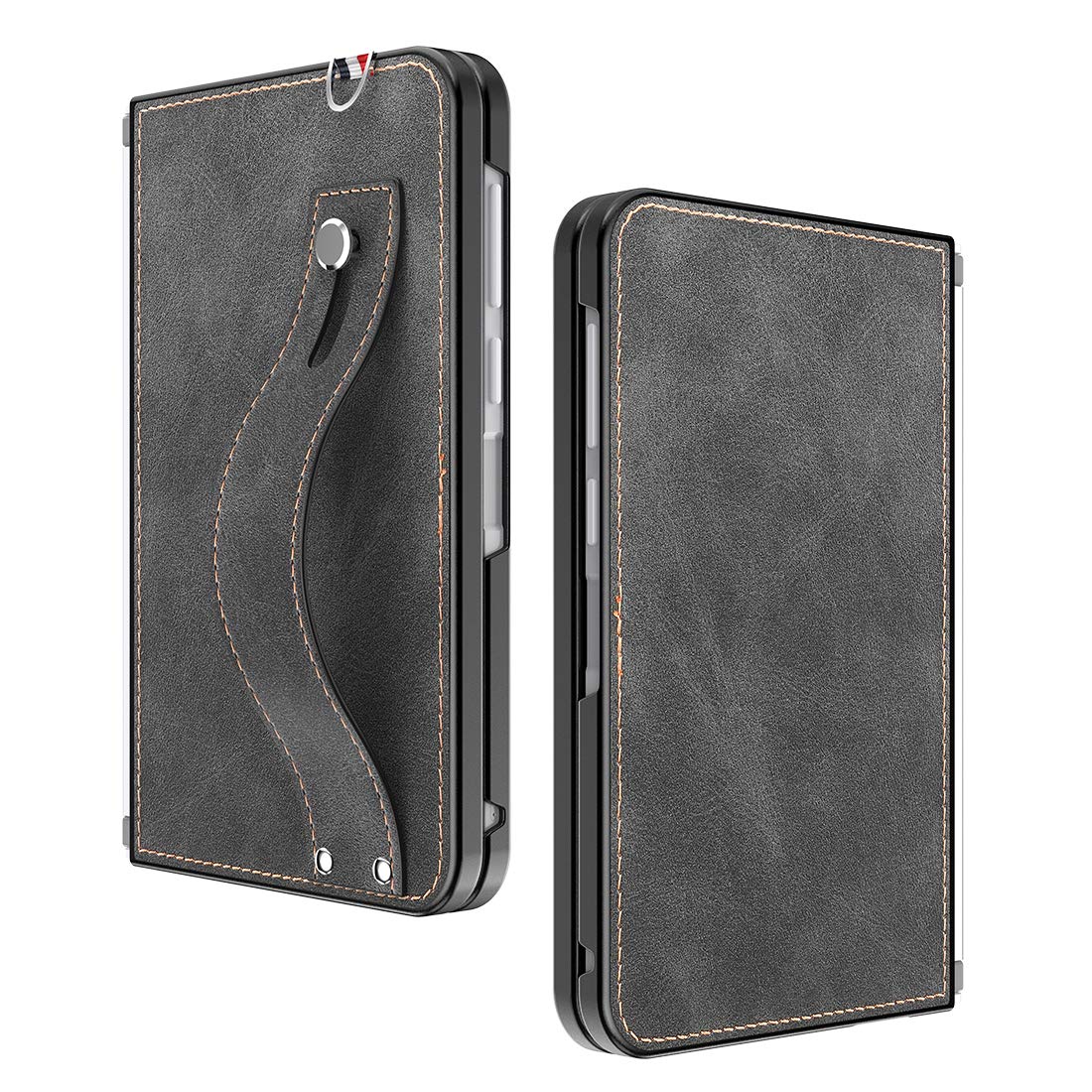 Foluu for Microsoft Surface Duo Case, Surface Duo Leather Case 2020, [Slim & Lightweight] PU Leather Back Cover Hard PC Holder with Hand Strap Protective Phone Case for Microsoft Surface Duo (Black)
