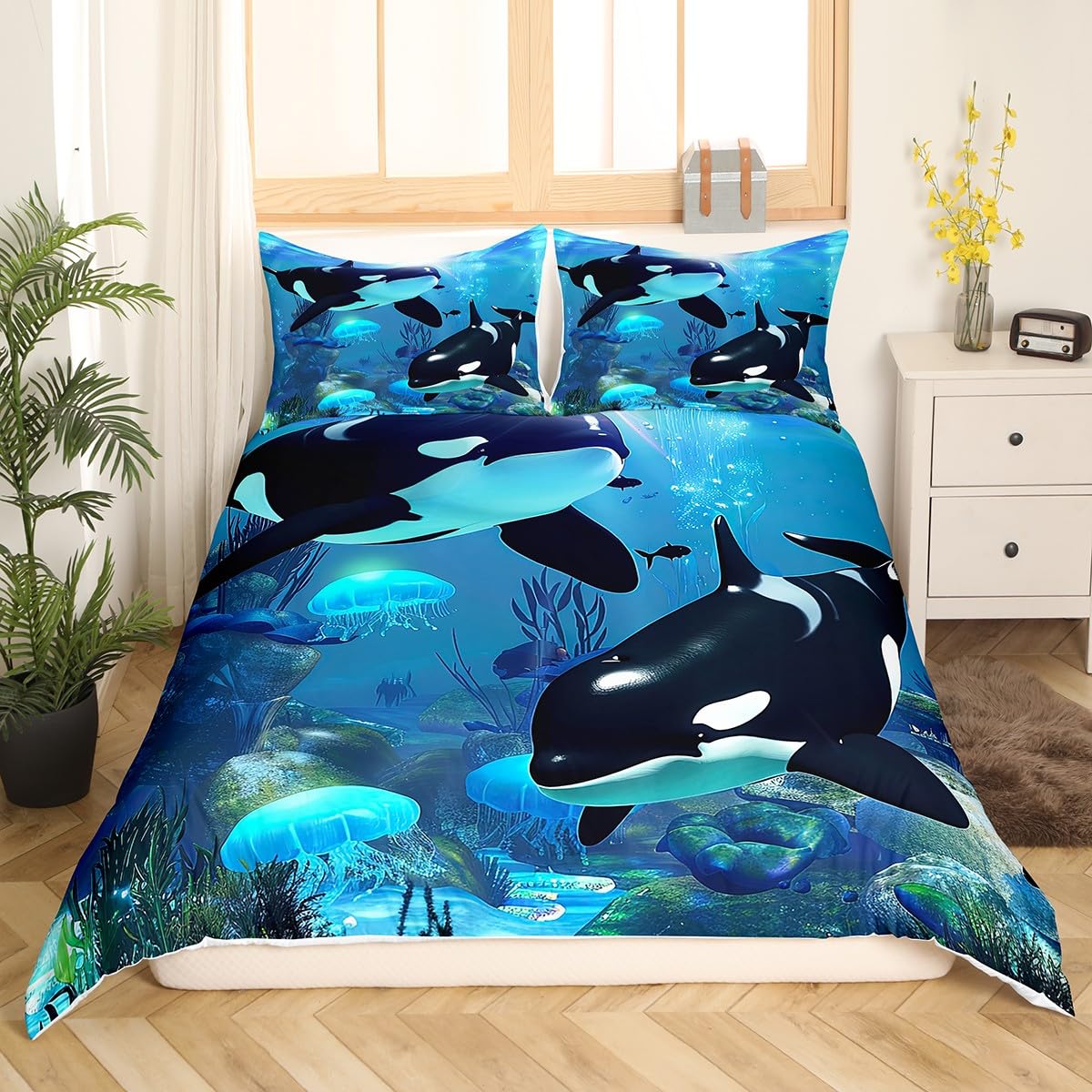 Teal Ocean Whale Comforter Cover Jellyfish Killer Whale Bedding Sets The Underwater World Duvet Cover Set Orcinus Orcas Deep Sea Animals Marine Life Bedspreads Cover With 2 Pillow Cases Full Size