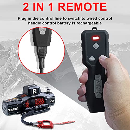 RUGCEL WINCH 13500lb Waterproof Electric Synthetic Rope Winch 12V with Hawse Fairlead, 2 in 1 Wireless Remote,Double color rope,for Truck SUV