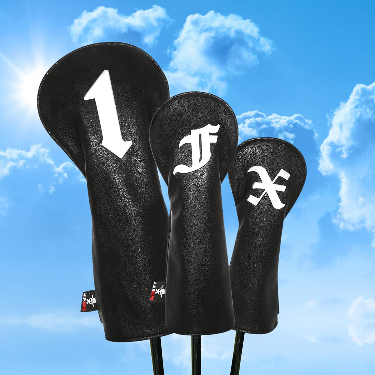 Golf Driver Fairway Hybrid Rescue Wood Club Head Covers Headcovers Set for Woods - Leather Golf Club Protector Case (Black-3pcs(D/F/H))