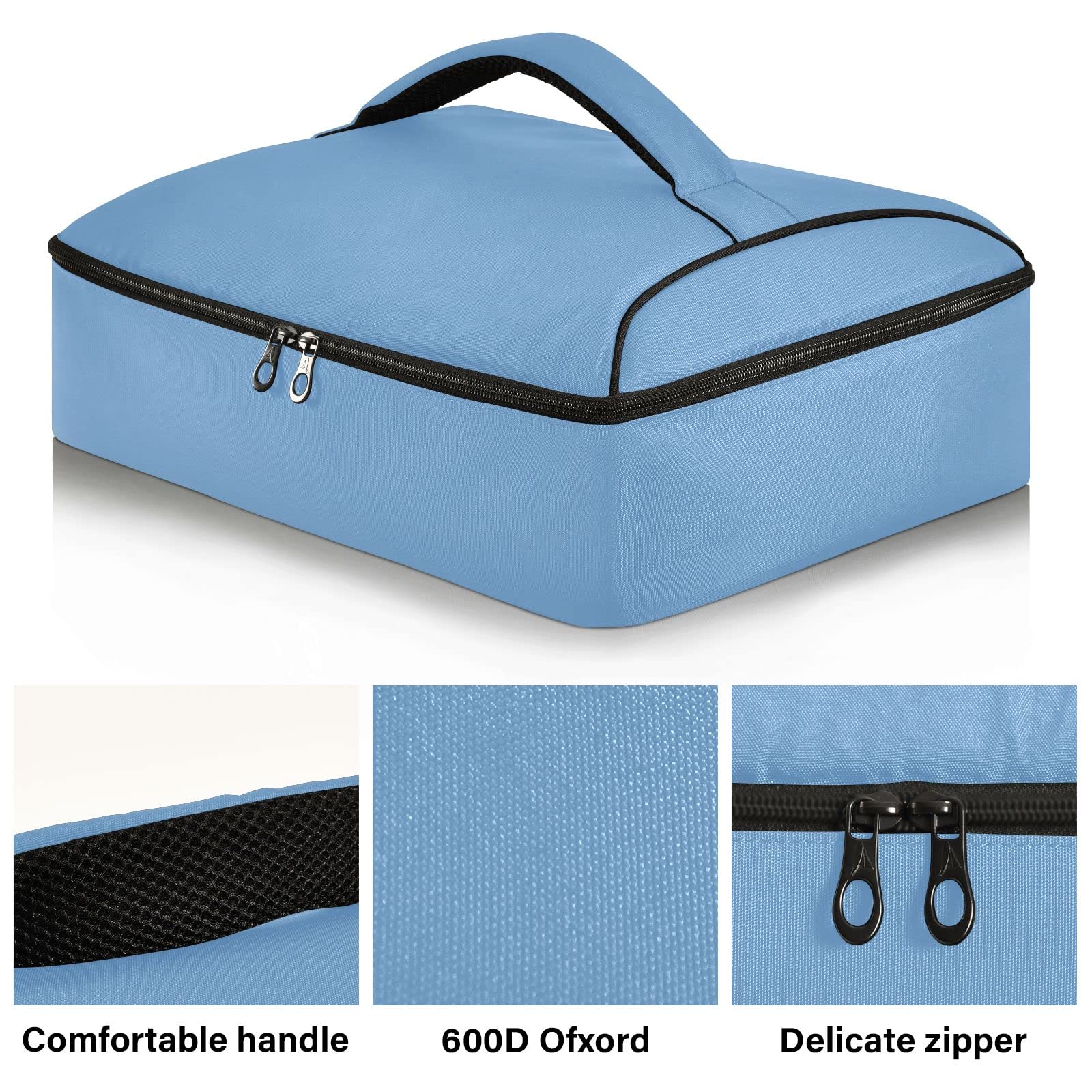 Kigai Plain Blue Gray Solid Color Double Insulated Casserole Carrier For Hot or Cold Food, Expandable Hot Food Carrier Bag, Insulated Food Bag for Parties, Beach, Picnic, Camping