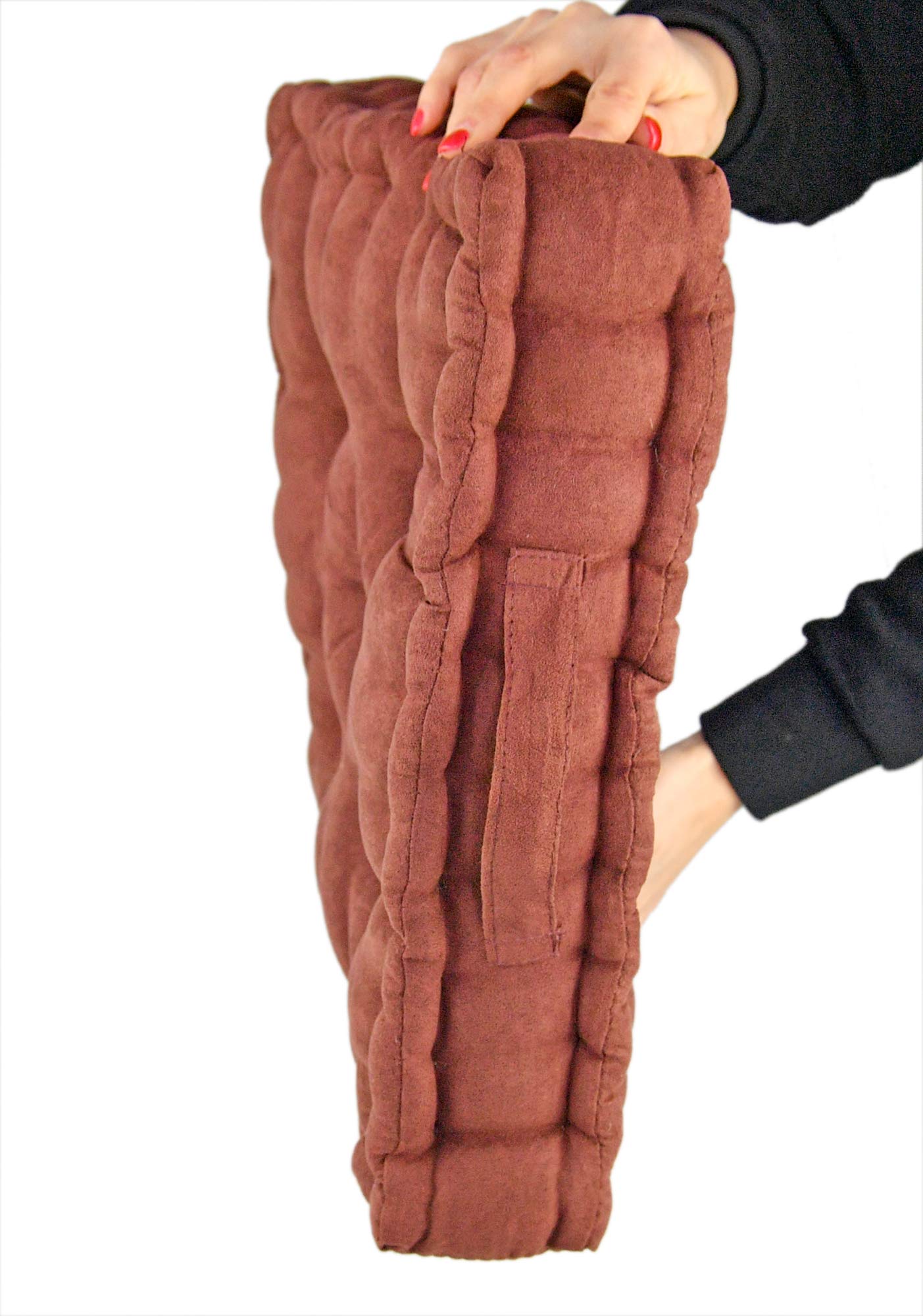 Home-X Tufted Booster Cushion, Thick Square Seat Pad with Carrying Handle – Brown 15” L x 15” W x 3 ½” H