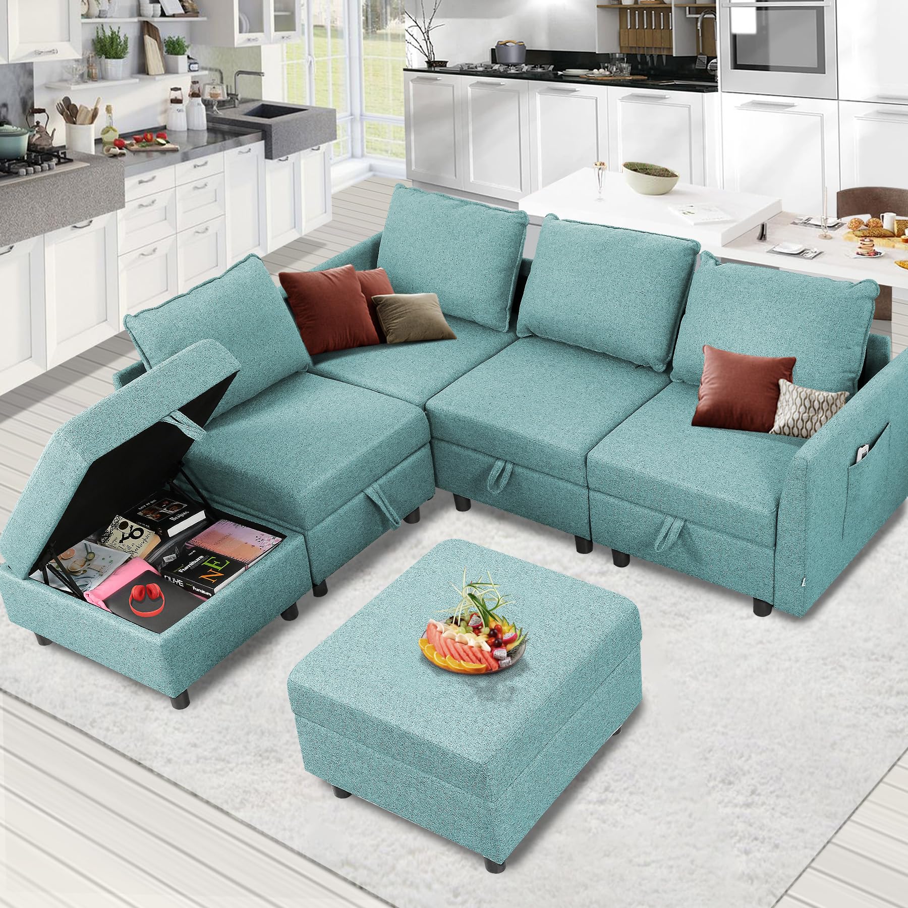 SEJOV Sleeper Sofa, 4-in-1 Convertible Ottoman Couch Bed, Modern Blue Line Futon Couch with 2 Pillows Adjustable Backrest and Armrests, Foldable Loveseat for Apartment Dorm, Office, Light Blue