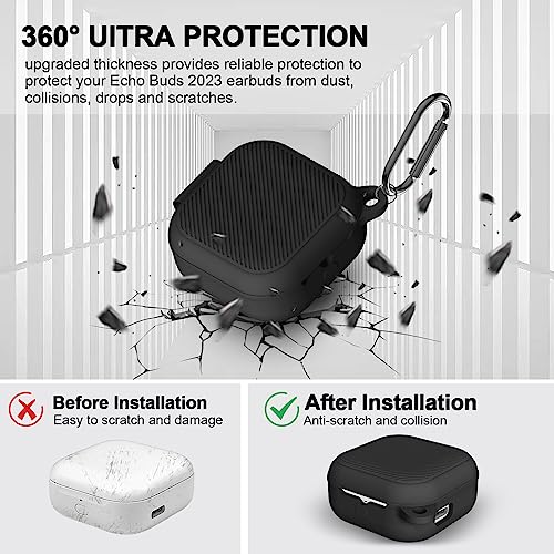 Silicone Case Compatible with Echo Buds 2023 Shockproof Protective Case Cover for All-New Echo Buds (2023 Release) Portable Scratch Resistant Cover with Carabiner and Lanyard (Black)…