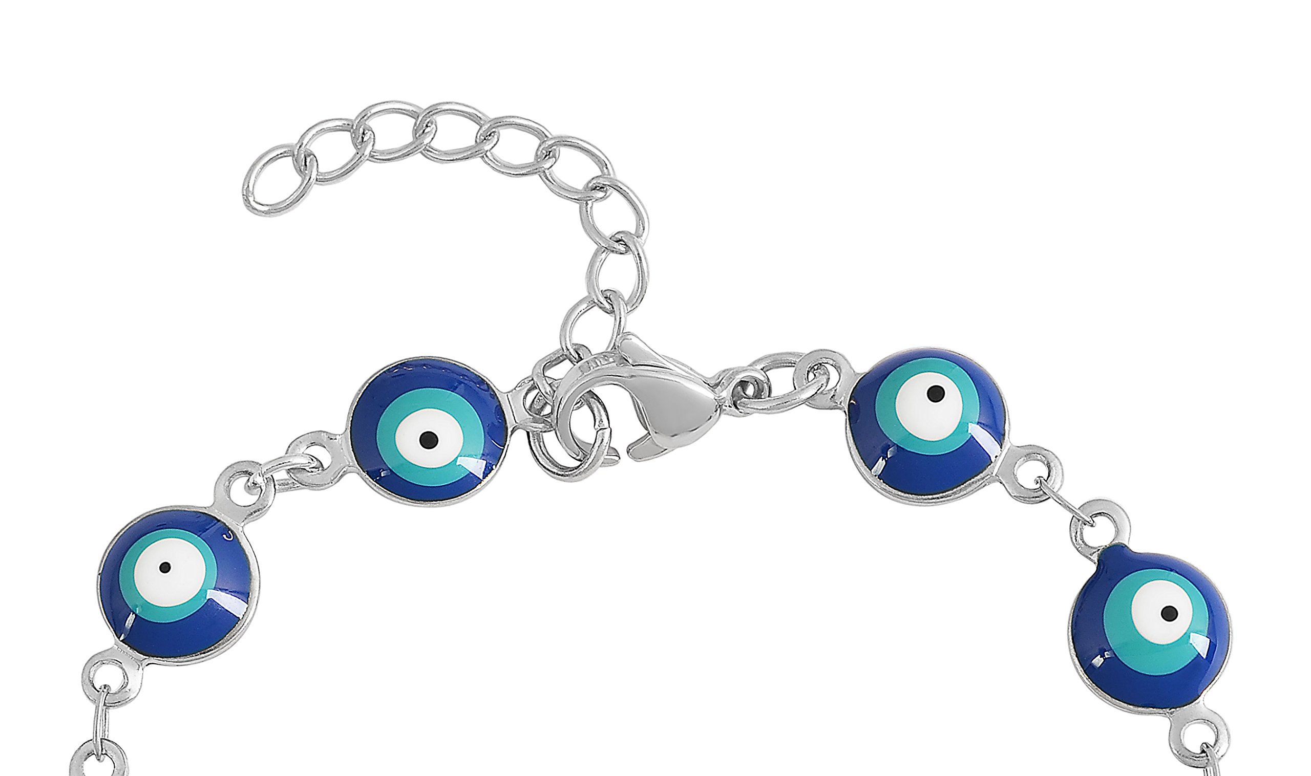 Edforce Stainless Steel Women's Charm Bracelet Green | Gold Enamel Evil Eye Protection Link Chain Adjustable, 8" (Aqua, Silver-and-Stainless-Steel)