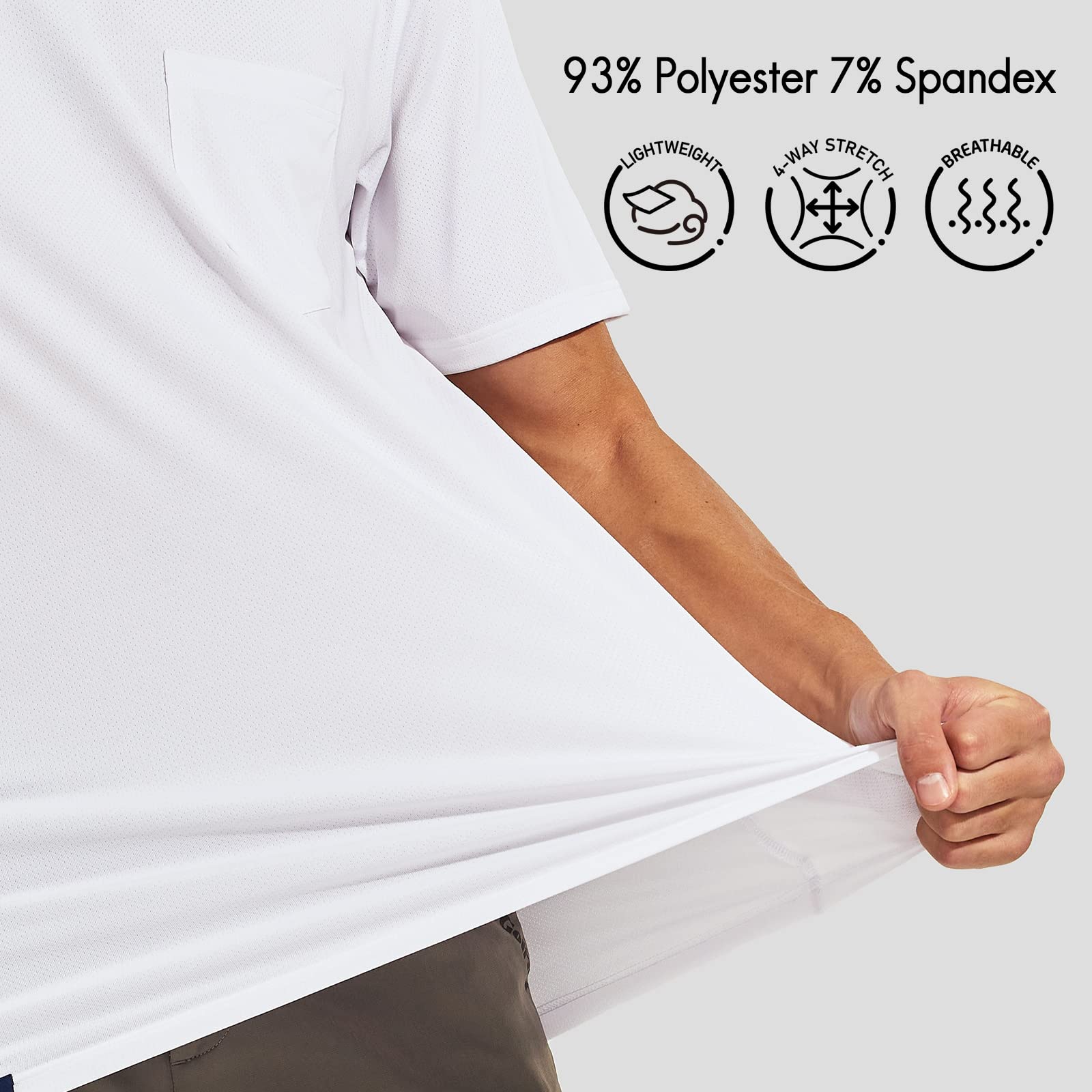 Haimont Mens White Active Quick Dry Crew Neck T Shirts with Pocket, Athletic Running Gym Workout Polyester Short Sleeve Tees, White, X-Large
