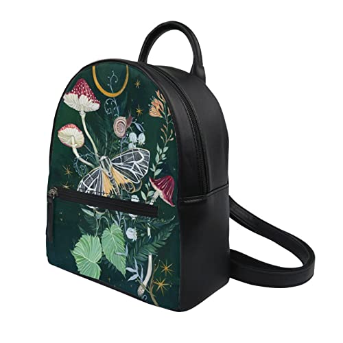 Showudesigns Butterfly Mushroom Backpack Purse Women Girls Mini Backpacks PU Leather Zipper Closure Shoulder Bags Shoulder Bag Casual Daypack Moon Moth Green