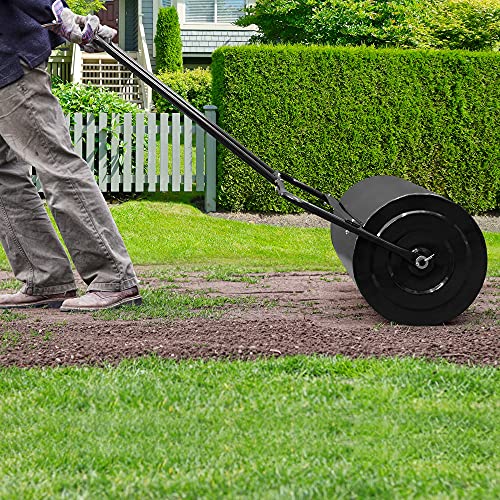Lawn Roller, 19.5in Water and Sand Filled Garden Drum Roller with U Shaped Handle Tow beind Sod Roller for Planting, Park, Garden, Yard, Ball Field Seeding Black Iron Cylindrical