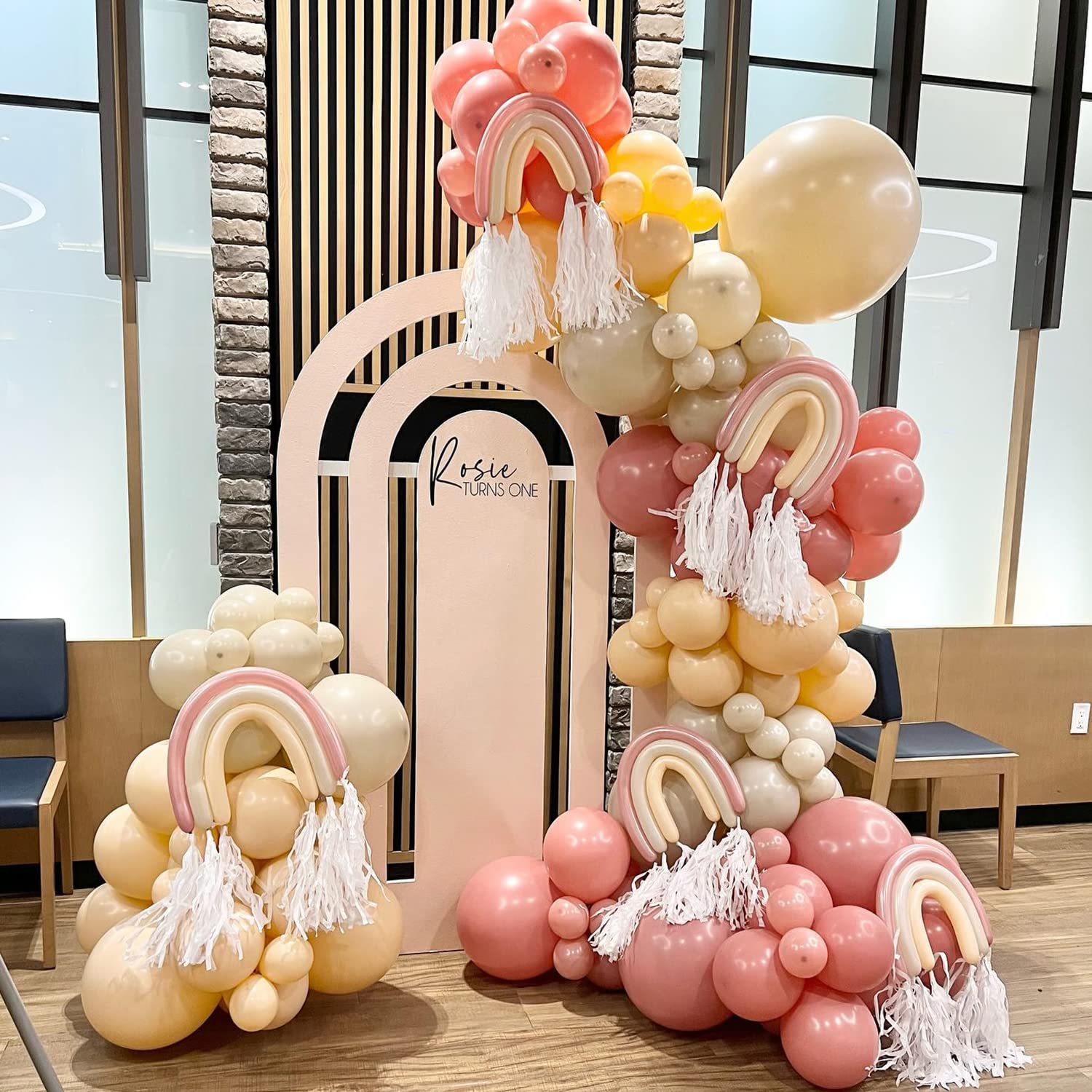 FENCYGIH 130Pcs Boho Balloon Garland Arch Kit, Boho Baby Shower Decorations with Dusty Pink Nude Sand White Long Twisting Balloons White Paper Tassels for Two Groovy Boho Rainbow Party Decorations