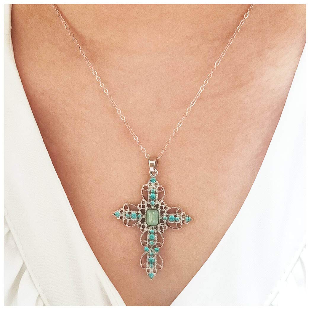 Faruodis Cross Bohemian Pendant Necklace Crystal Celtic Chain Jewelry for Women (Blue)