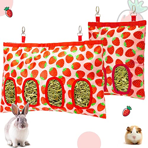Terossy 2PCs Large Capacity Hay Feeder Rabbit, Mess-free Hanging Hay Feeder for Guinea Pigs, Hay Bag for Rabbits Bunny Chinchilla Hamster, Chew Proof Waste-free, 2Holes+4Holes, 9.8x11.4+11.8x18.5 Inch