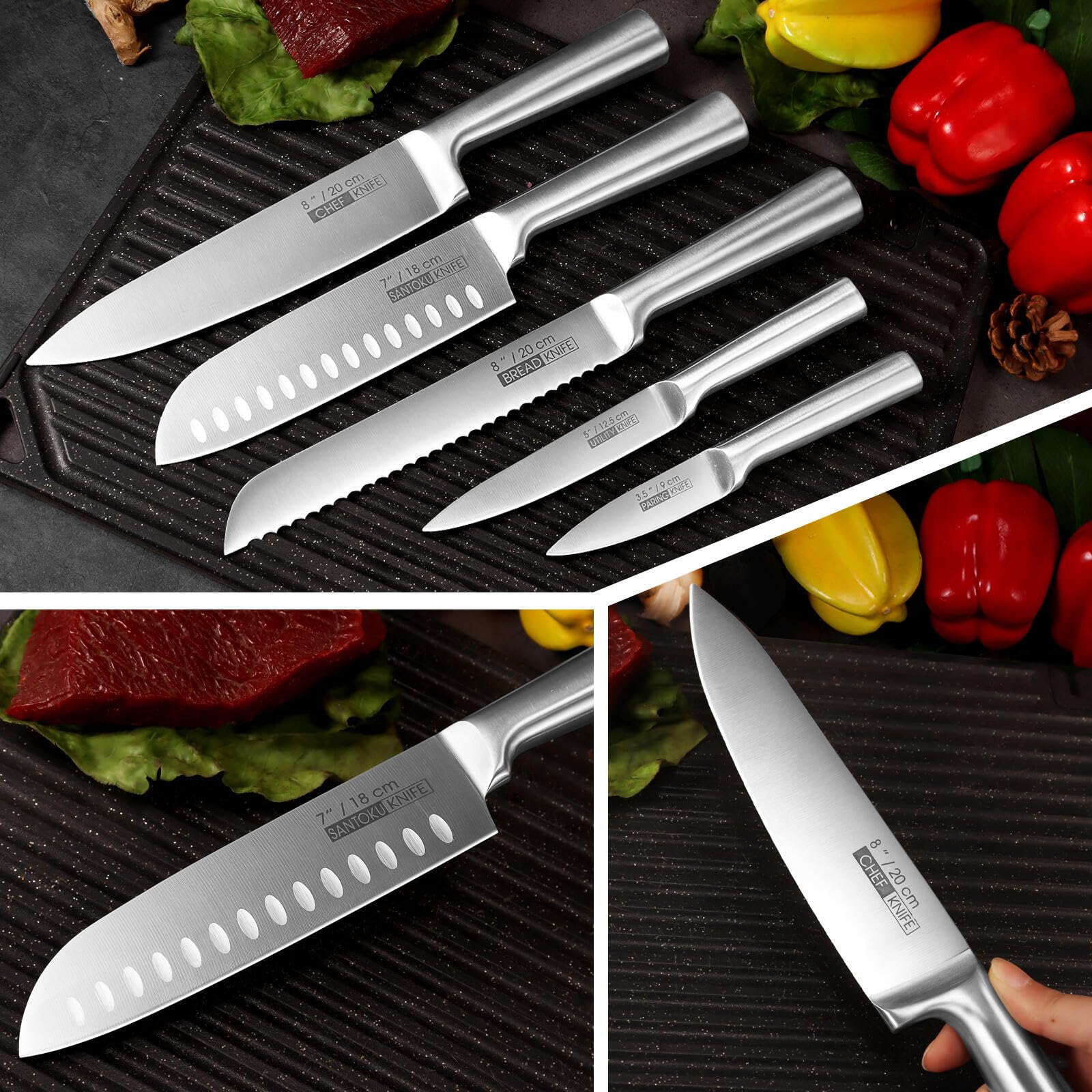 KOFERY 5 Piece Professional Kitchen Knife Set, Integrated Ergonomic Handle with High Carbon Stainless Steel Blades - Sharp Chef Knife Set for Multipurpose Cooking, Gift Box Included