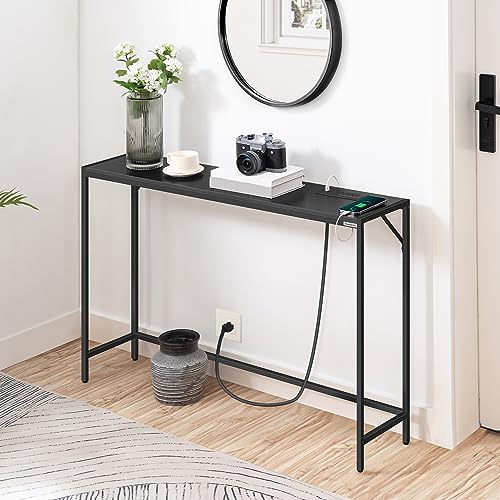 MAHANCRIS Console Table, Narrow Sofa Table, 43.3” Entrance Table with Power Station, Behind Couch Table, Simple Style, for Living Room, Hallway, Entryway, Foyer, Black CTHB112E01