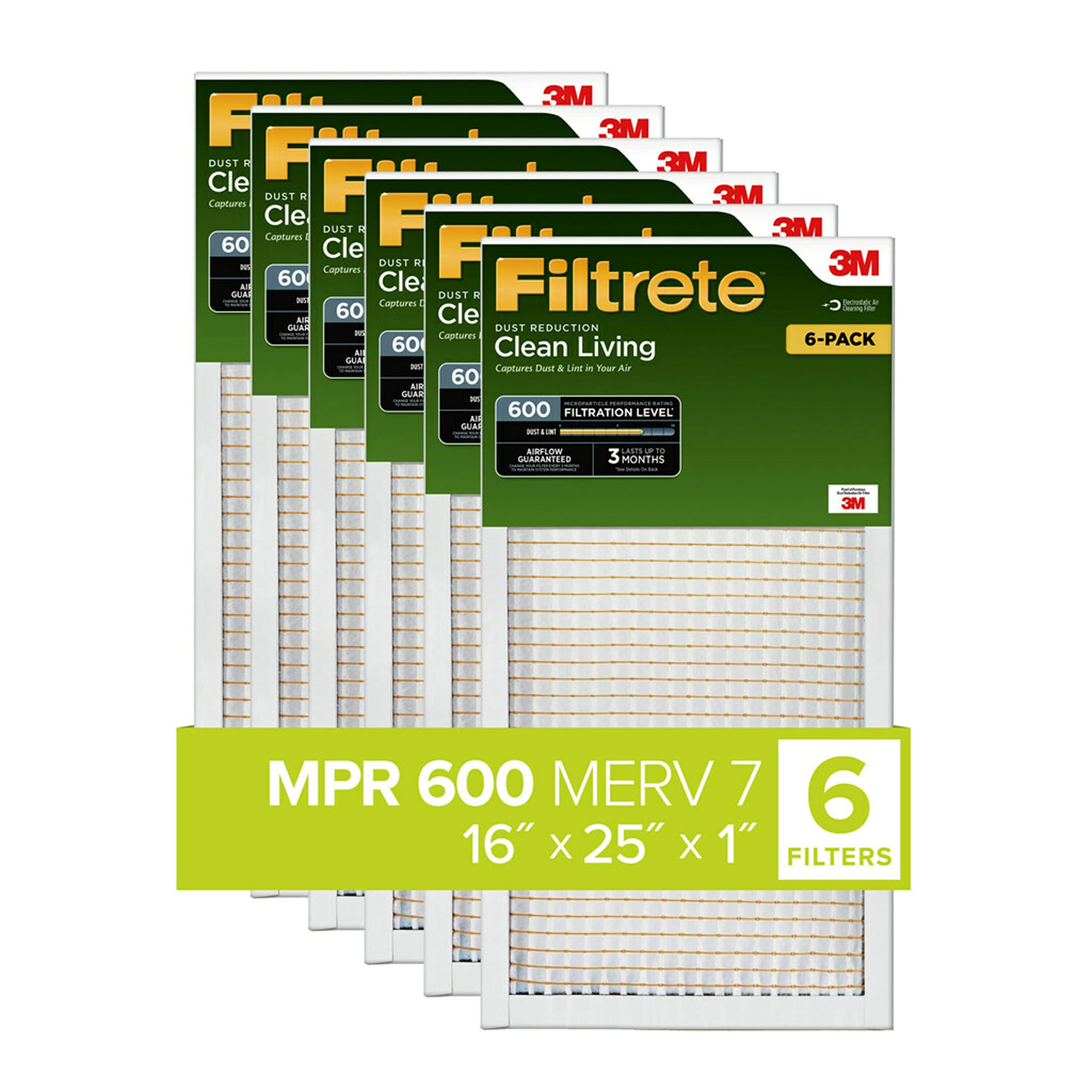 Filtrete 16x25x1 Air Filter, MPR 600, MERV 7, Clean Living Dust Reduction 3-Month Pleated 1-Inch Air Filters, 6 Filters
