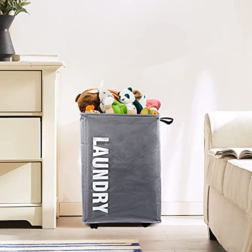 VENUSDALI Large Laundry Hamper,with Wheels Oxford Fabric Leather Handle,water Proof Folding Washing Bin,for Bedroom, Laundry Room, Closet, Bathroom, College, Dark Grey (Gray)