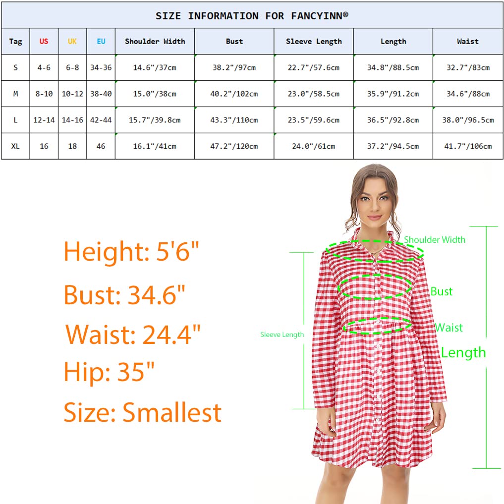 FANCYINN Women's Gingham Stand Collar Shirt Dress Button Up Casual Round Up Long Sleeve Mini Plaid Shirt Dresses Christmas Red and Black S