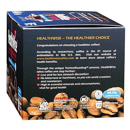 HealthWise Low Acid Swiss Water Decaffeinated Coffee for Keurig K-Cup Brewers, 100% Colombian Decaf Supremo, 12 Count