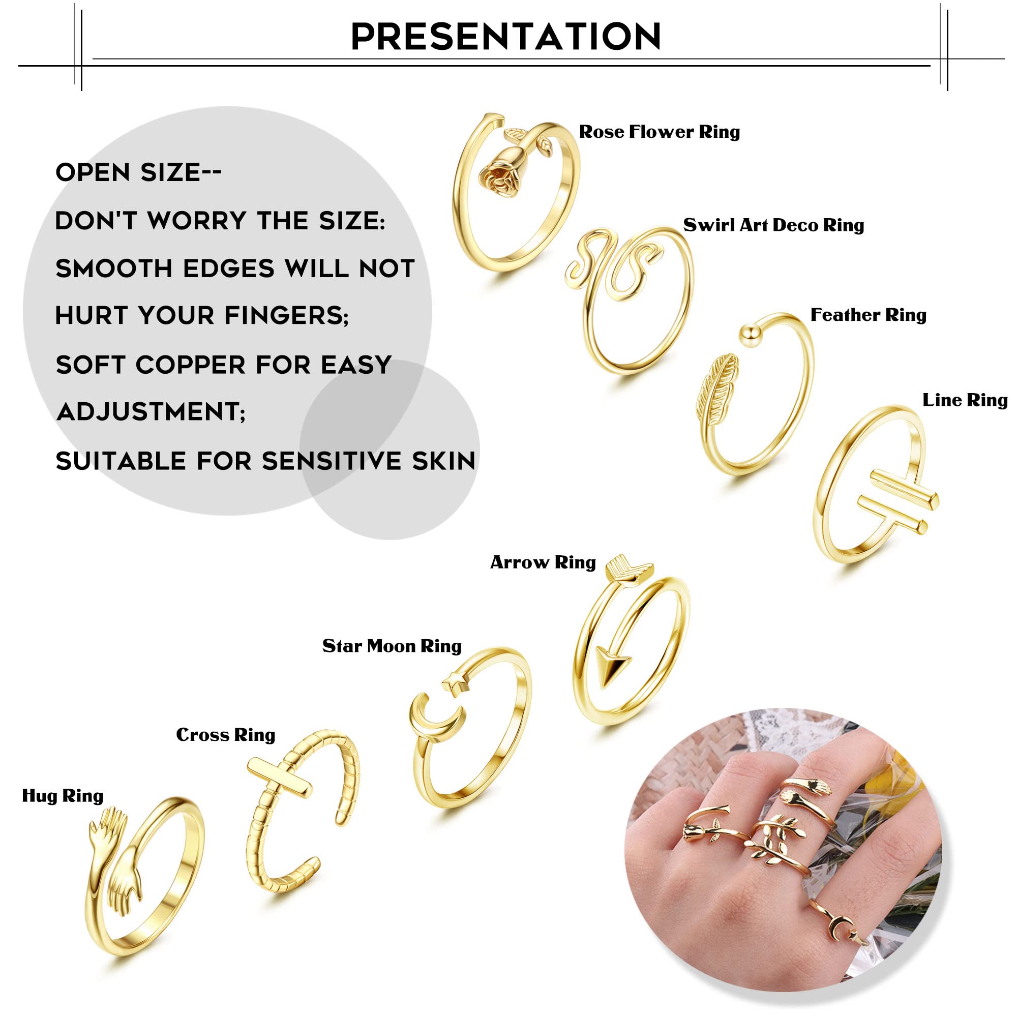 FASACCO 12Pcs Arrow Leaf Cross Hug Rings for Women Open Rings Set Adjustable Stackable Knuckle Thumb Rings 14K Gold Plated Heart Moon Star Joint Finger Rings Gold Tone