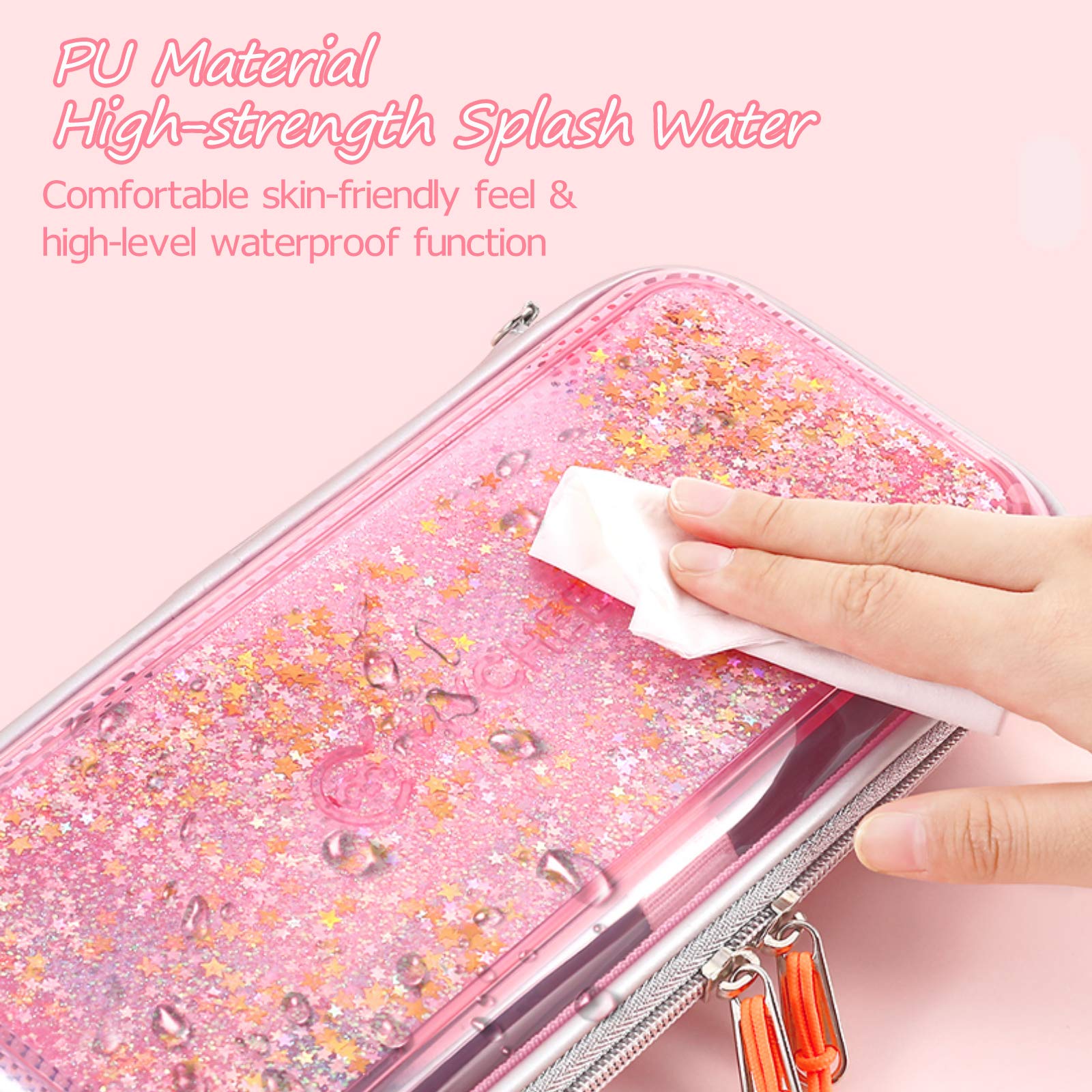 Glitter Carrying Case For Nintendo Switch & Switch OLED - Protective Hard Shell Travel Storage Bag TPU Liquid Bling for Game Accessories - With 8 Cards Slots & Adjustable Strap & 4 Thumb Grips