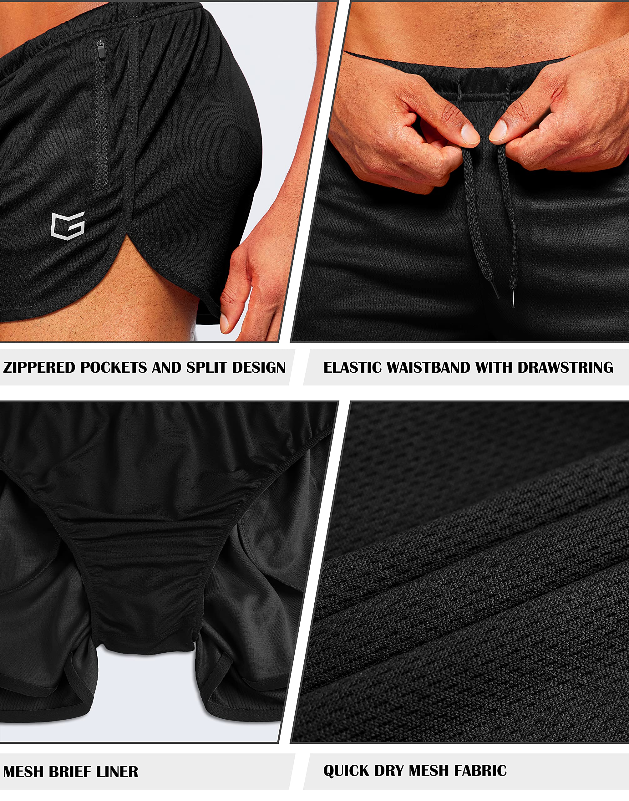 G Gradual Men's Running Shorts 3 Inch Quick Dry Gym Athletic Jogging Shorts with Zipper Pockets (Black, Medium)
