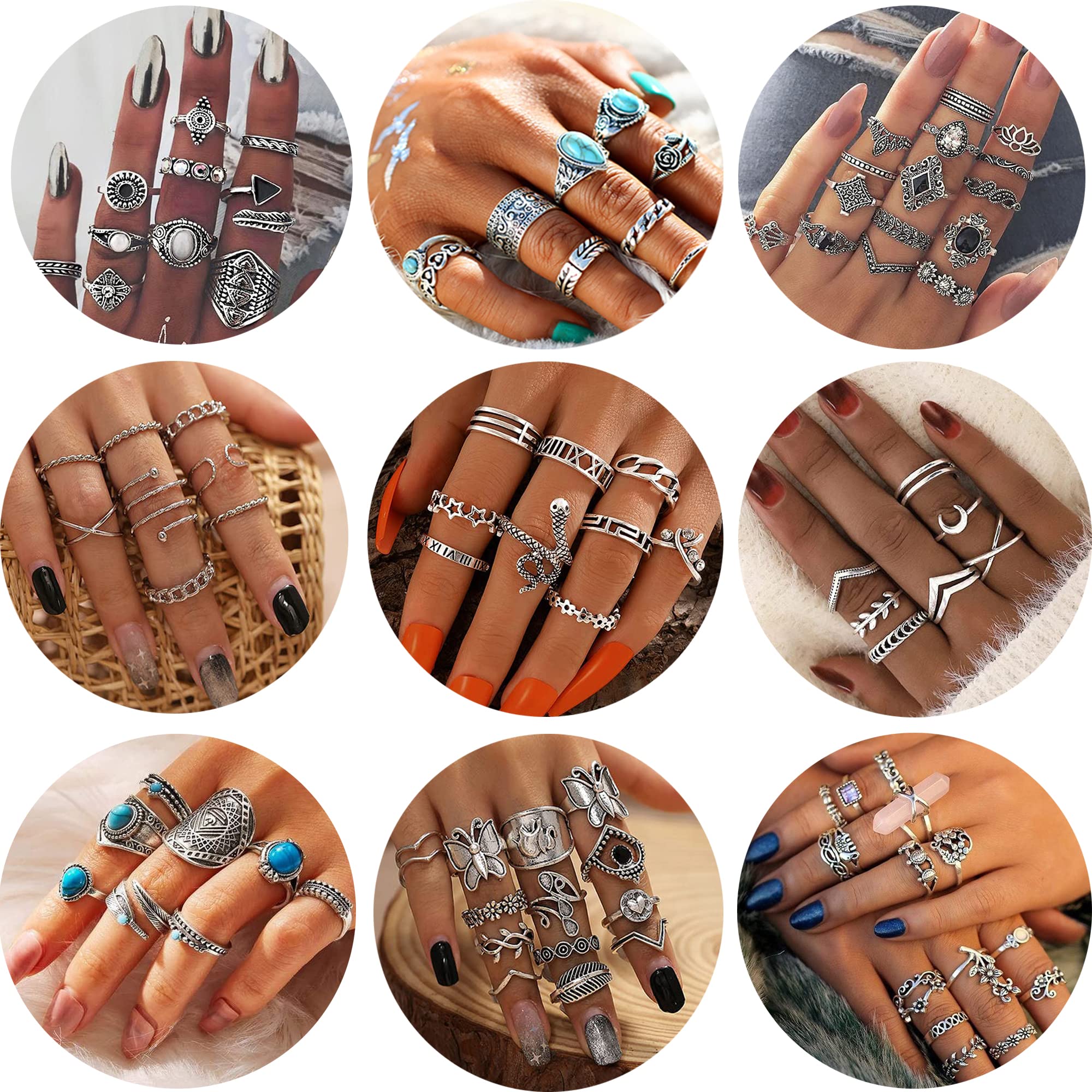 FASACCO 90Pcs Vintage Silver Knuckle Rings Set for Women Men Bohemian Stackable Joint Finger Rings Goth Hippie Punk Boho Butterfly Snake Retro Stone Crystal Stacking Midi Rings Pack