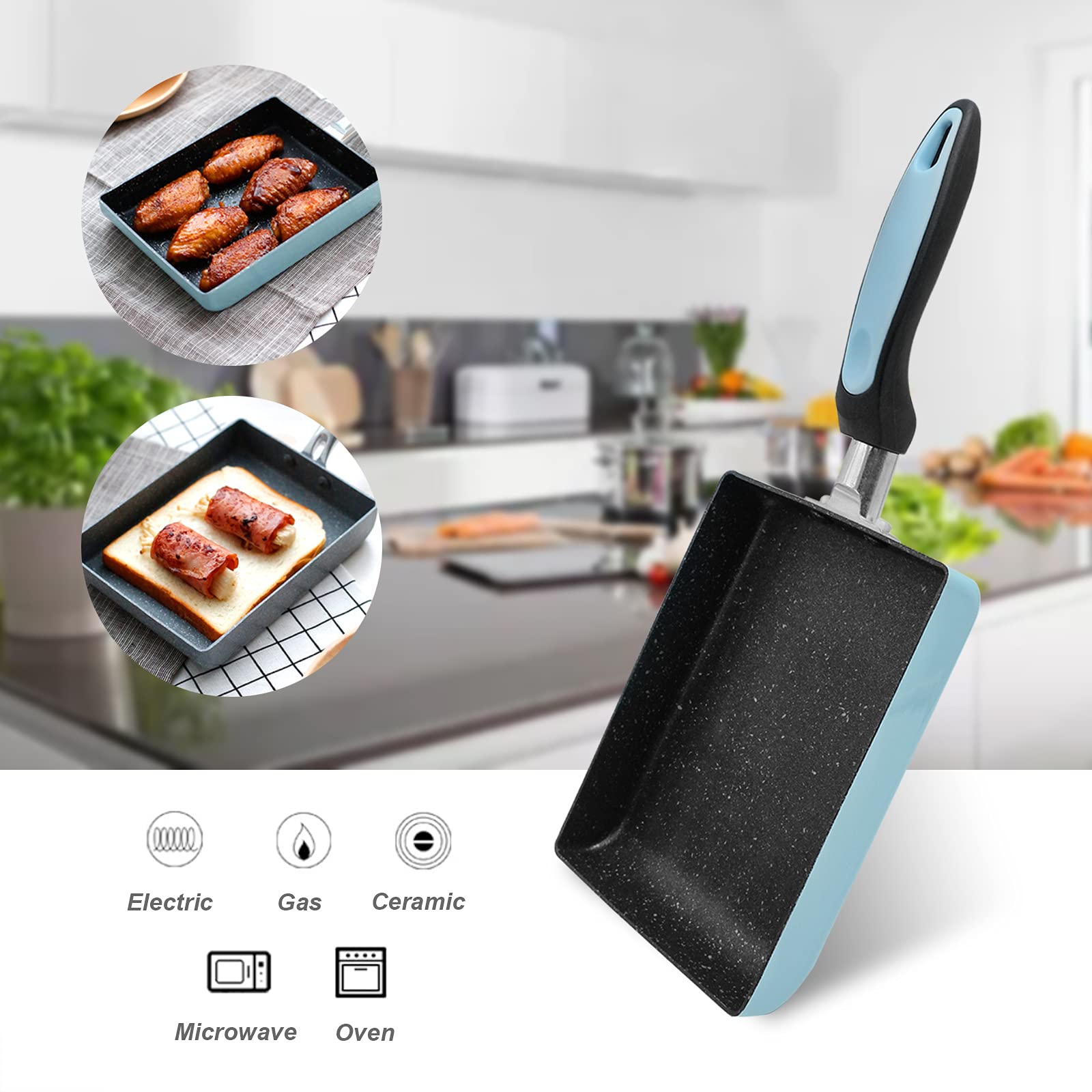 Japanese Tamagoyaki Omelette Egg Pan(blue), 7" x 6" inch Non-stick Coating Retangle Small Frying Pan, Gas Stove and Induction Hob Compatible, Dishwasher Safe, with Silicone Spatula & Brush(green)