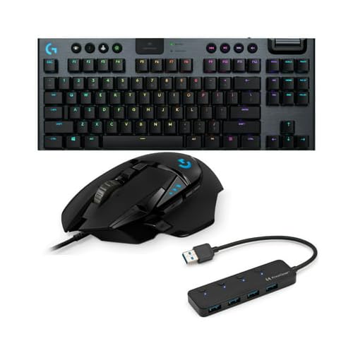 Logitech G915 TKL Tenkeyless LIGHTSPEED Wireless RGB Mechanical Gaming Keyboard (Carbon, Tactile) Bundle with HERO Wired Gaming Mouse, and 4-Port USB 3.0 Hub (3 Items)