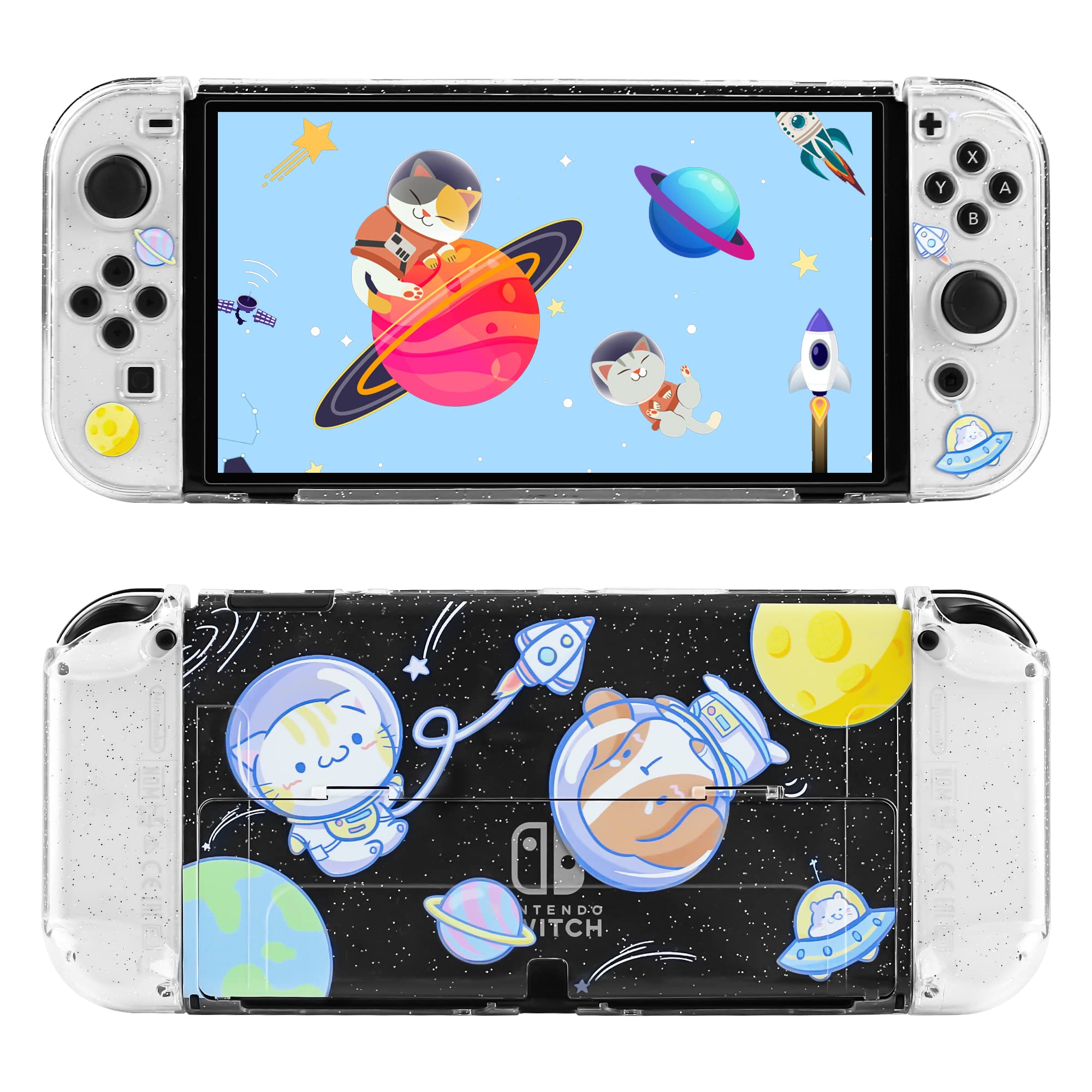 Glitter Case Compatible with Nintendo Switch OLED, FANPL Cute Dockable Cover with Space Cat & Dog Pattern for Switch OLED Console and Joycon, Hard PC Shell with Ergonomics Grip Case, Kawaii Skin