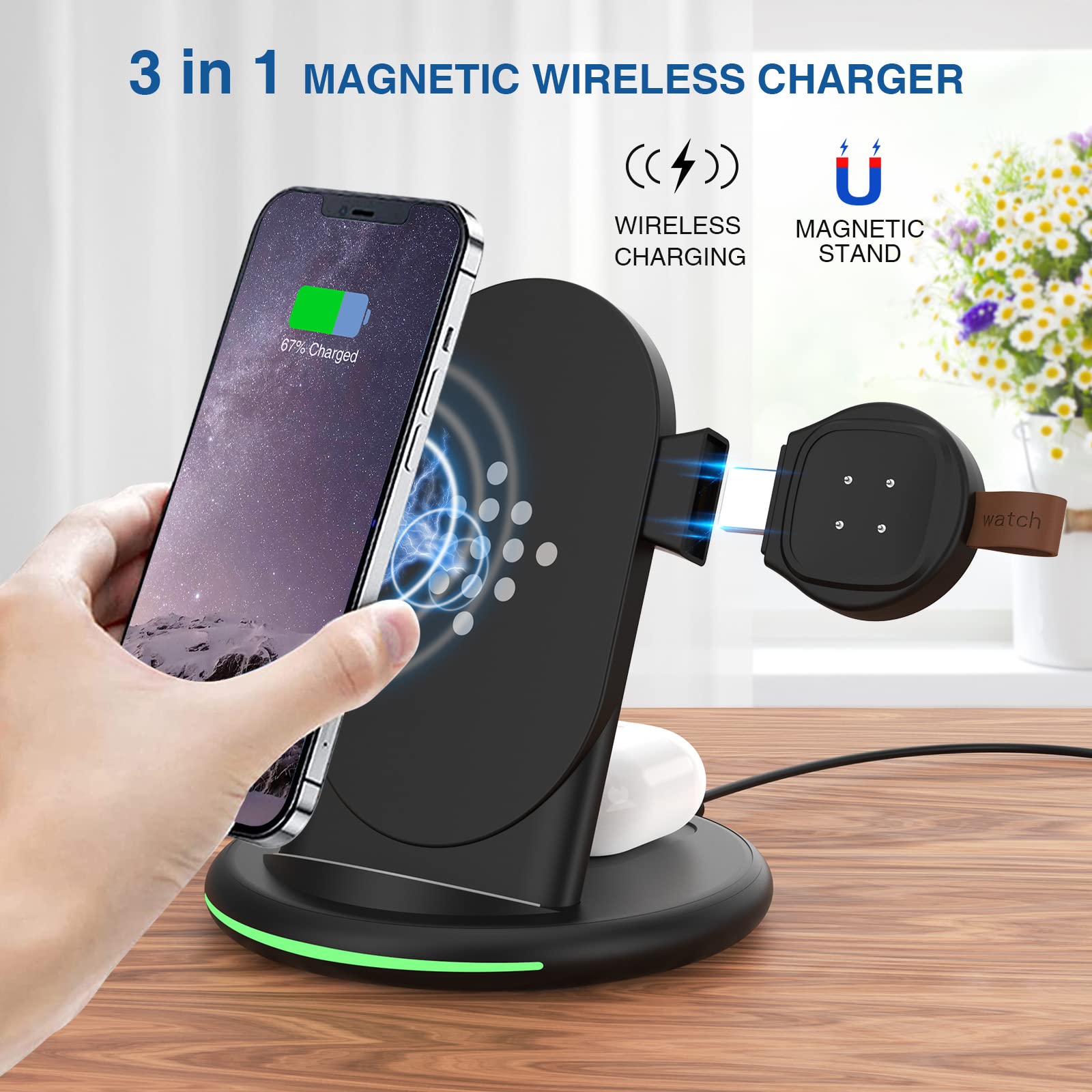 KOJACMUR 3 in 1 Charger for Fitbit Sense/Sense 2/Fitbit Versa 3/Versa 4,Wireless Charging Station Compatible for iPhone 13/14 Pro Max/12/11/8, for Samsung Galaxy S22+ S22, for AirPods Pro/3(Black)