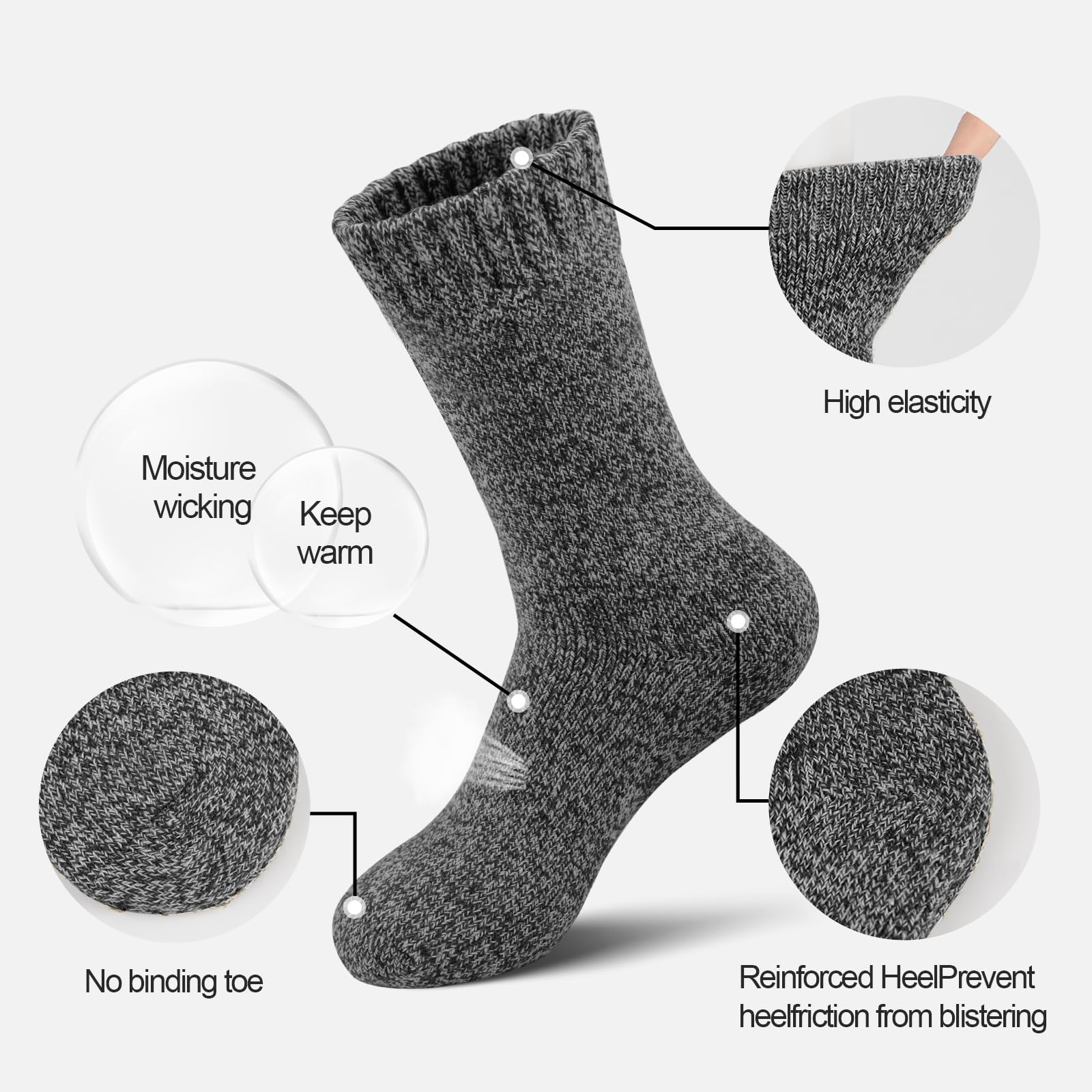 EXCELLENT THERMAL Merino Wool Socks Men, Winter Soft Thick Warm Socks for Men, Cozy Crew Hiking Socks Size 7-13(5 Pairs)
