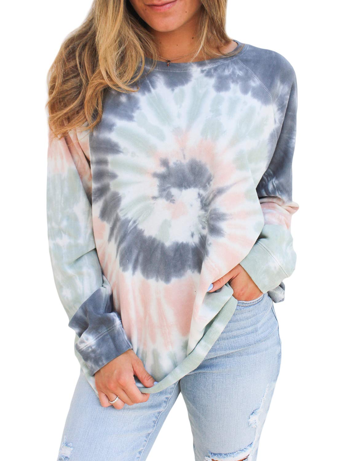 FARYSAYS Women's Casual Color Block Tie Dye Crewneck Long Sleeve Loose Pullover Sweatshirt Tops Multicolored X-Large