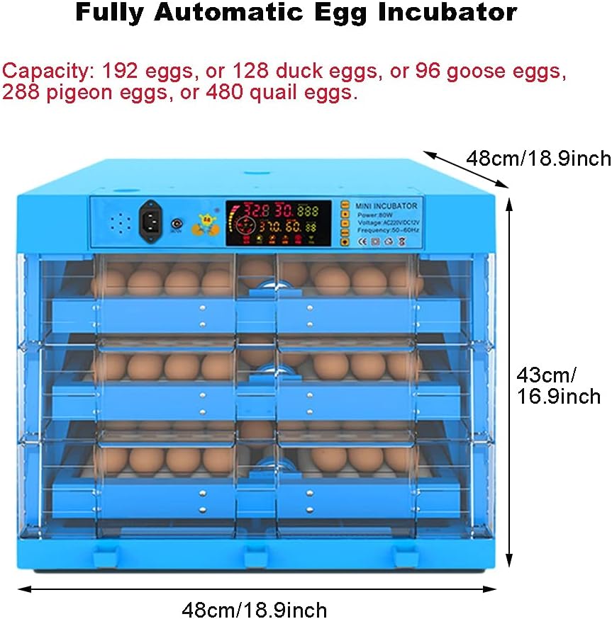 Fully Automatic Egg Incubator for Hatching 192 Eggs Automatic Turner Temperature Control Visible Screen Chicken Quail Duck Goose Turkey