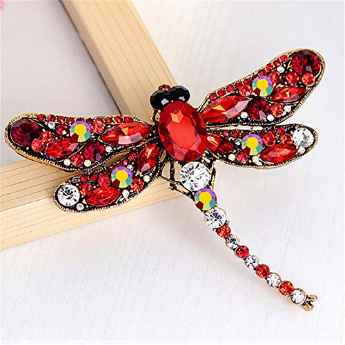 Hsakess Artificial Crystal Rhinestone Dragonfly Brooch Pin Animals Pin Gift for Women Outfits Decoration,Red, 9.1*7.5cm