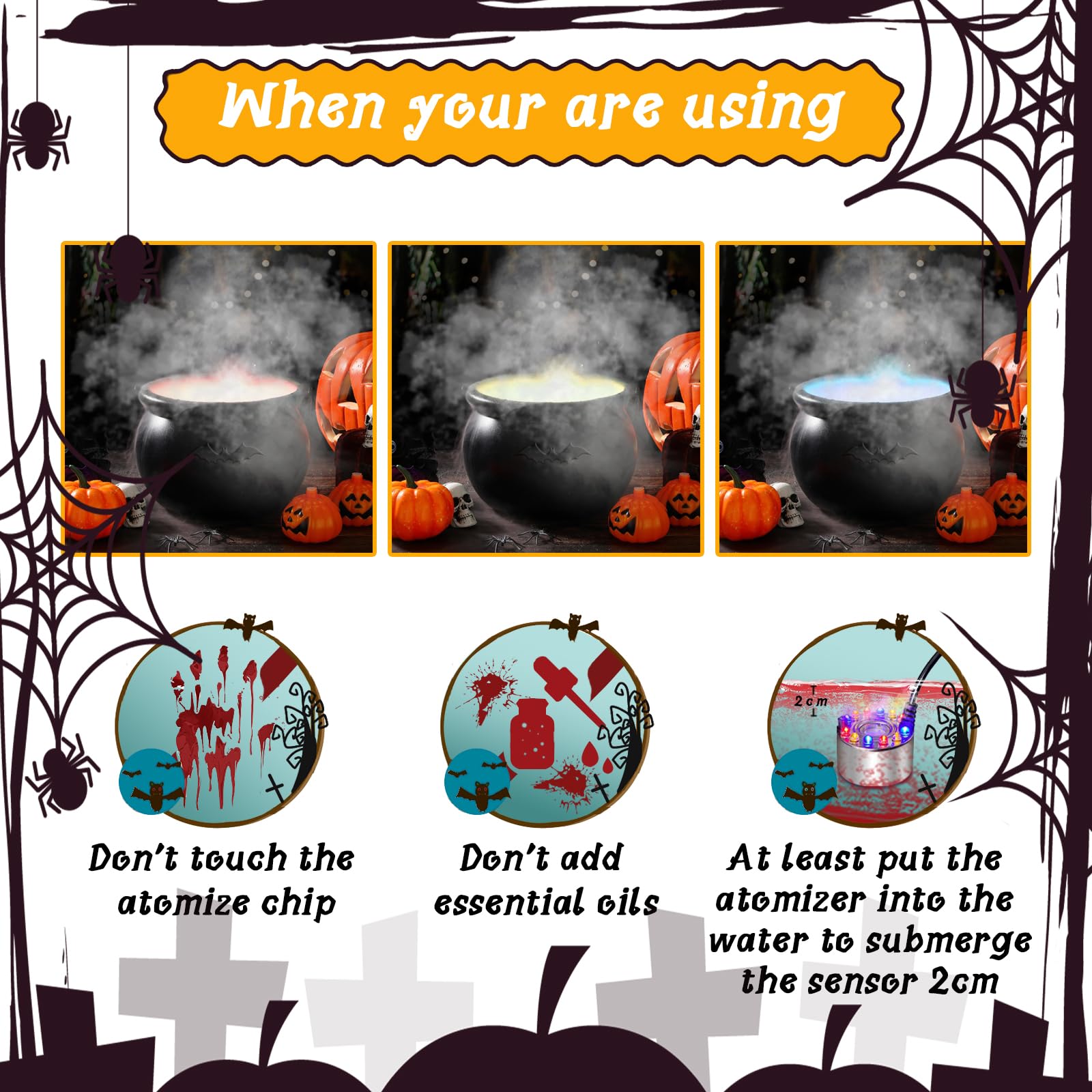 Halloween Mist Maker, Halloween LED Ultrasonic Mister Fogger with Light Witch Cauldron Diffuser Fog Machine Atomizer Bowl Terrarium High Output Humidifier Water Vaporizer with Splash Guard Float Disc
