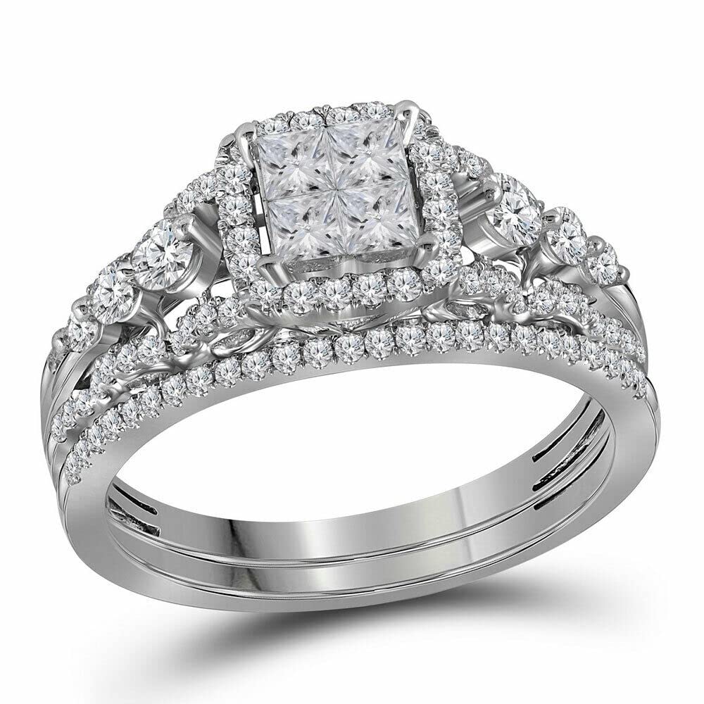 Fascinate Jewels 1.50Ct Round Cut White Diamond 925 Sterling Silver 14K White Gold Over Diamond Cluster Wedding Engagement Bridal Ring Set for Women's