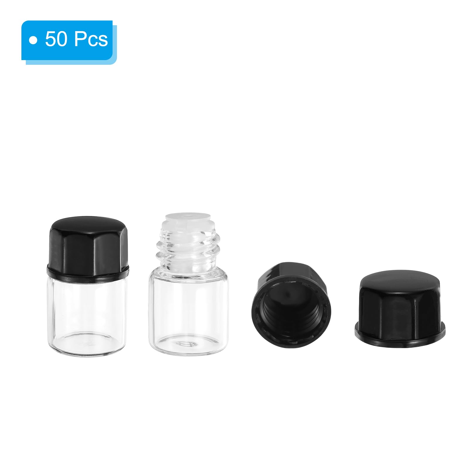 PATIKIL 1ml Essential Oil Bottles, 50 Pack Clear Glass Bottles with Orifice Reducer Sample Vial Octagon Screw Cap Storage Vials Container, Black