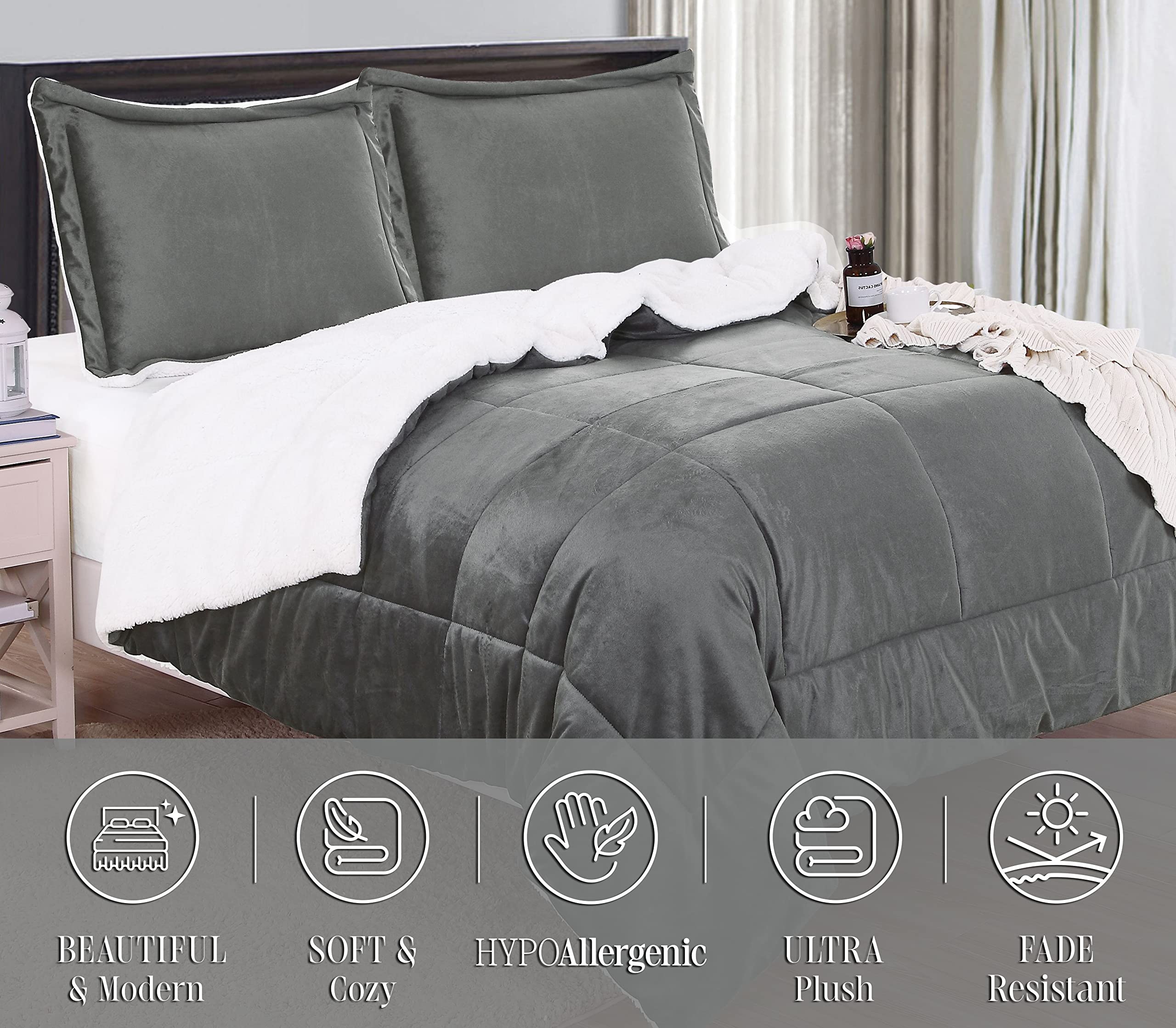 Elegant Comfort Super Soft Sherpa Comforter 3-Piece Set Premium Quality, Heavy Weight Reversible Down Alternative Micro-Suede, Sherpa Comforter, Cal King, Silver Gray