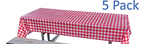 GSM Brands Disposable Tablecloths (5 Pack) - Plastic Tablecovers for Picnics or Parties with Checkered Red and White Design