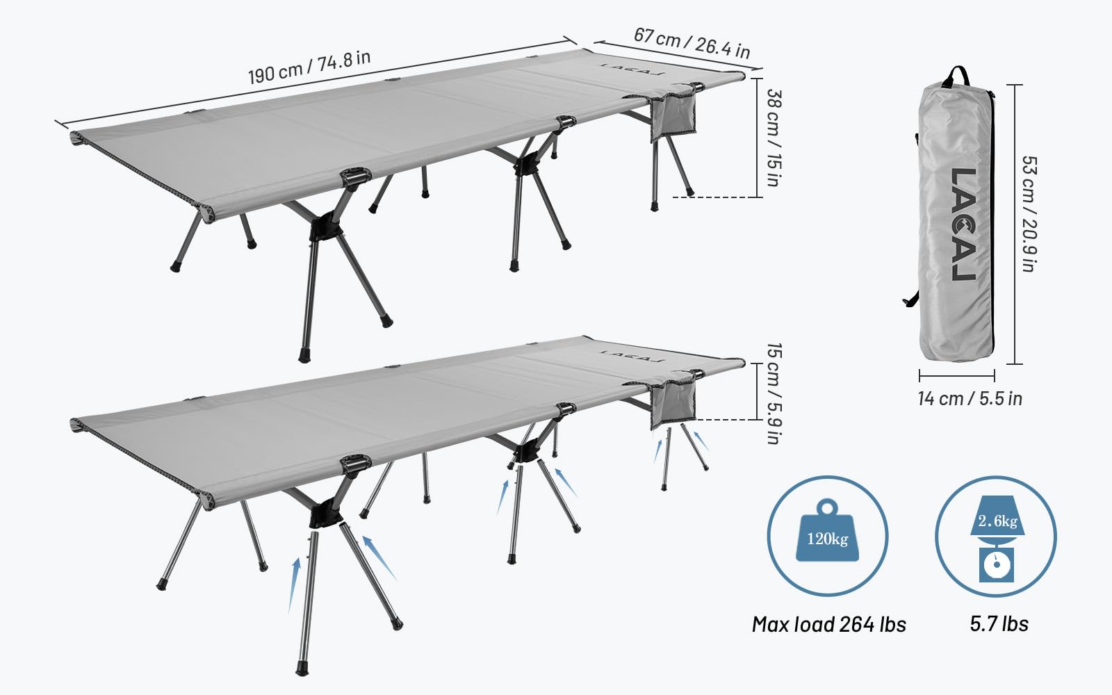 G2 GO2GETHER Foldable High/Low 2 Modes Camping Cot, with Extend Legs, Storage Bag, Ultralight & Durable Backpacking Travel Tent Cot, Max Loading Capacity 264lbs, Easy to use for Woman & Man