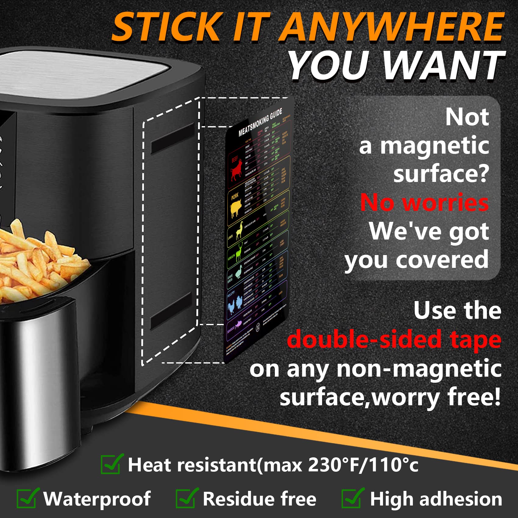 JAQMWV 2 Pack Air Fryer Magnetic Cheat Sheet Set,Air Fryer Accessories Cook Times Sheet for Kitchen,Fryer Sheet Quick Reference Guide,Air Fryer & BBQ Smoker Accessories with Cook Time Recipe Card.